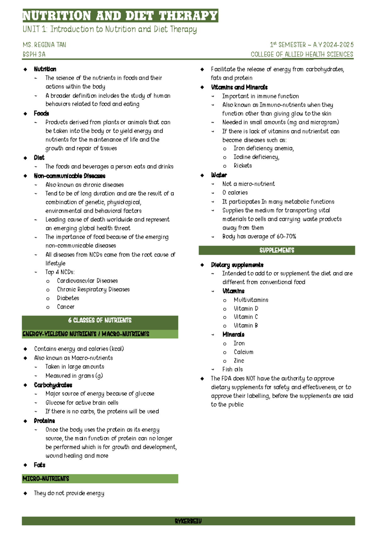 UNIT 1 Nutrition AND DIET Therapy Transes - MS. REGINA TAN 1 st ...