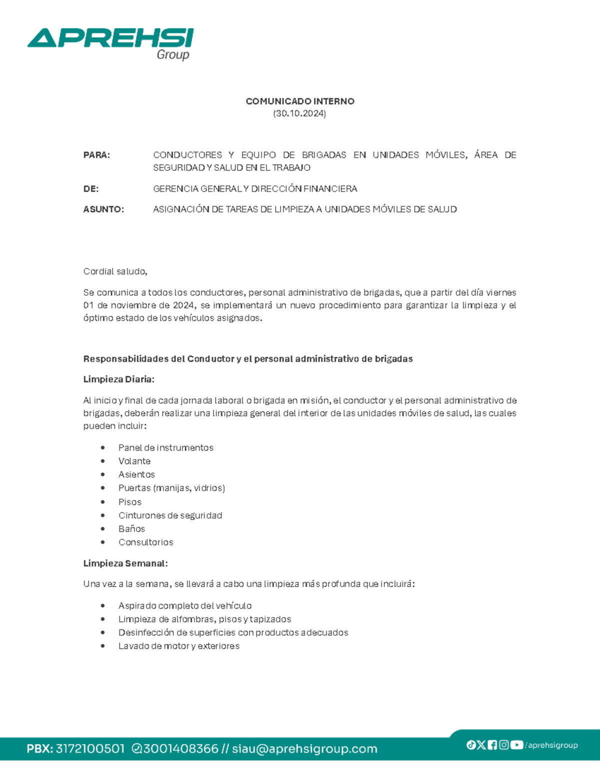 Comunicado Interno: Proceso de Limpieza Unidades Móviles Salud 2024 ...