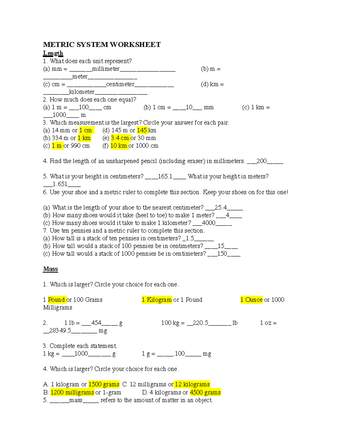METRIC SYSTEM LAB WORKSHEET (Lab1) - Studocu