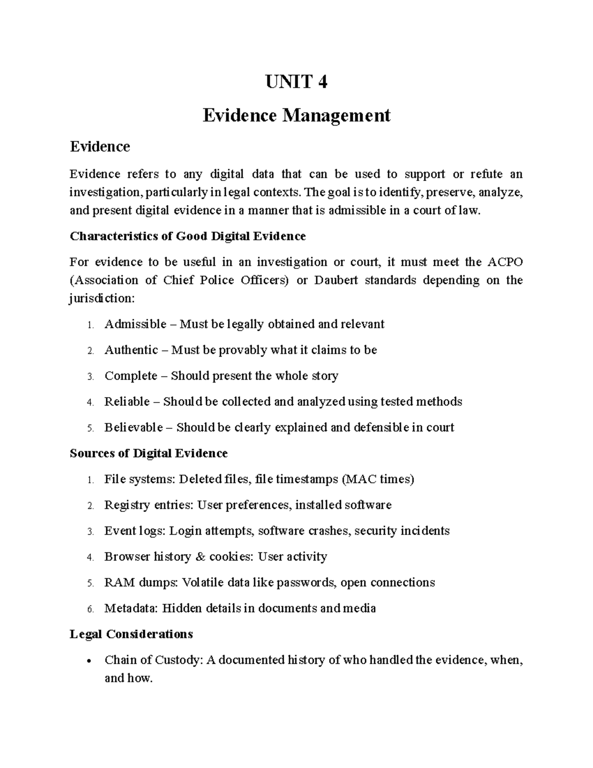 Unit 4-1: Evidence Management in Cybersecurity and Digital Forensics ...