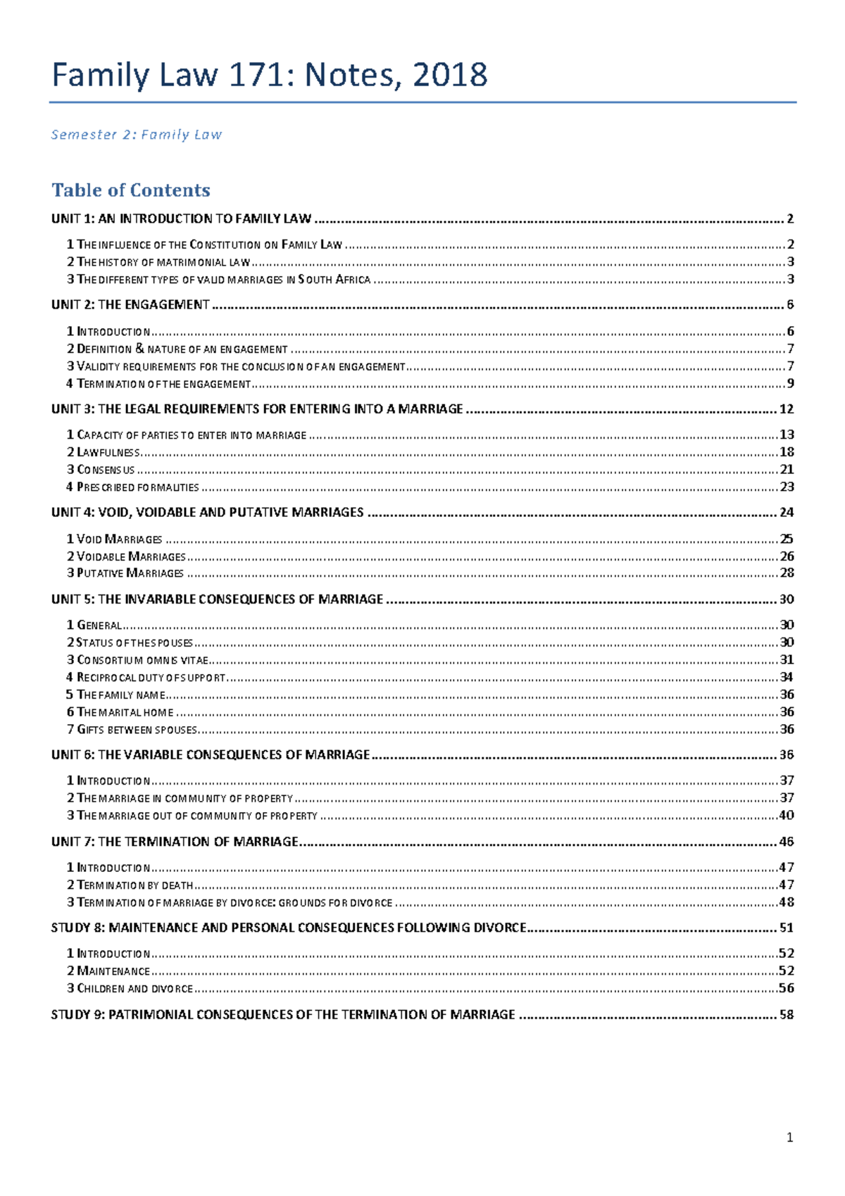 Family Law 171 - Introductory Summary Notes for Semester 2 - Studocu