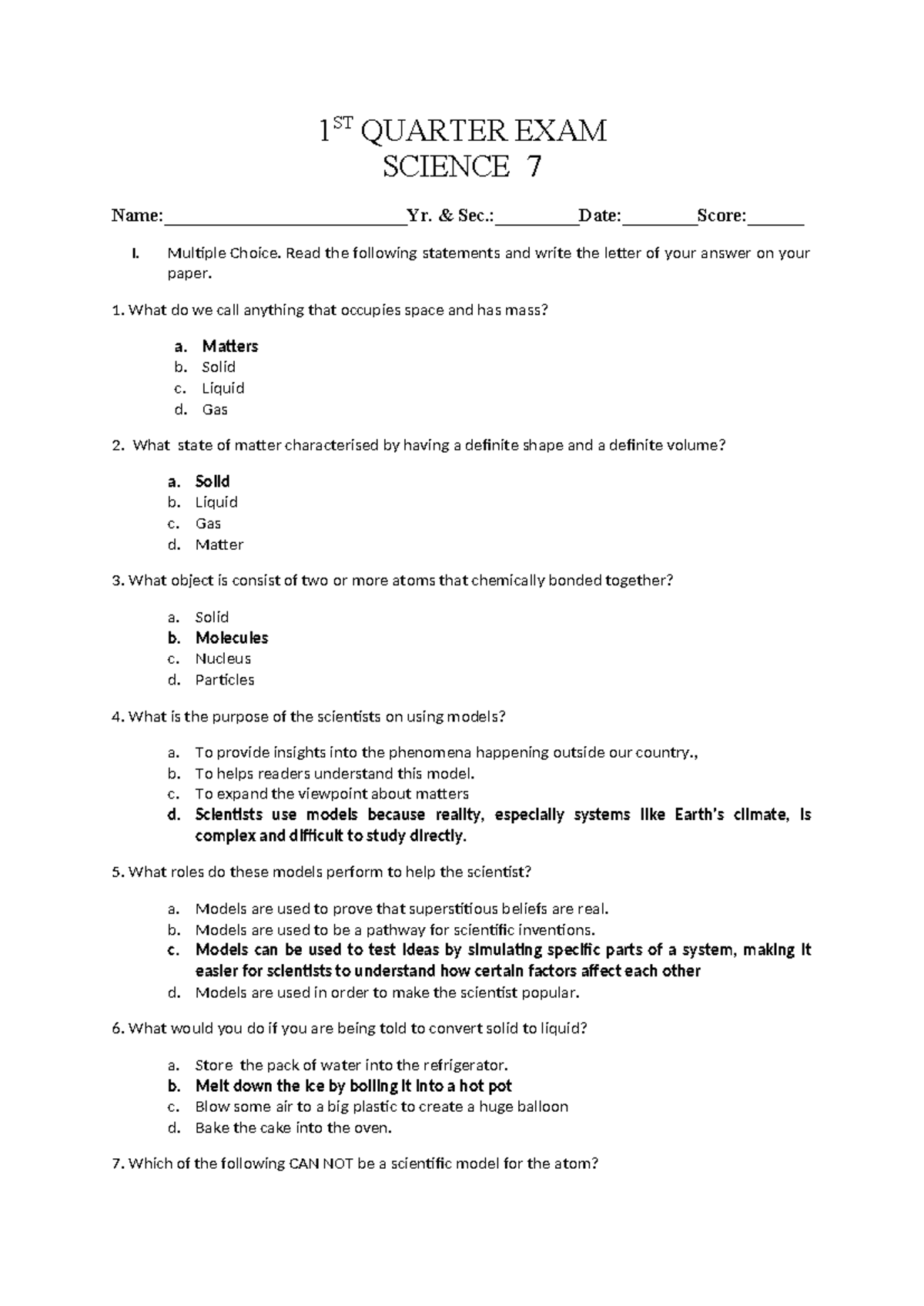 Science 7 - 2nd Quarter exam - 1 ST QUARTER EXAM SCIENCE 7 Name