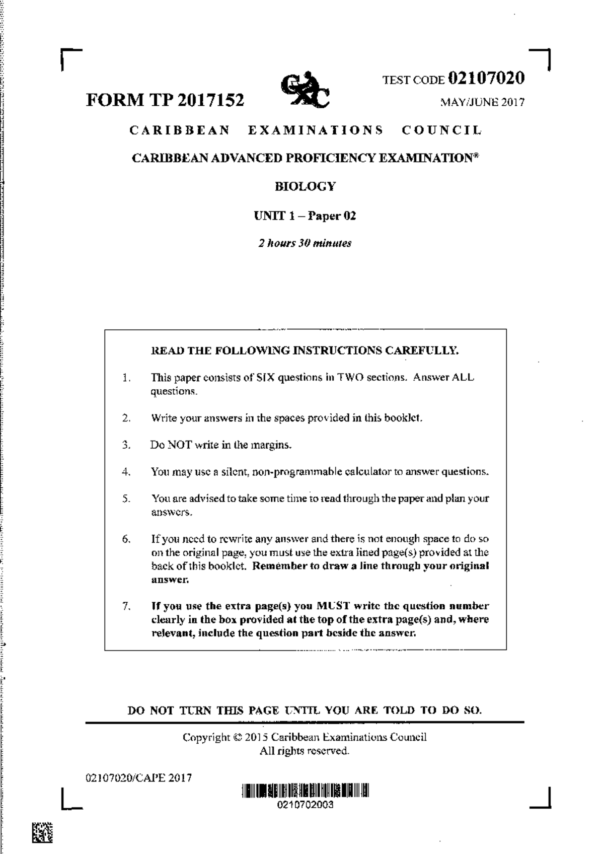 CAPE Biology 2017 Unit 1 Paper 2 - Exam Questions and Instructions ...