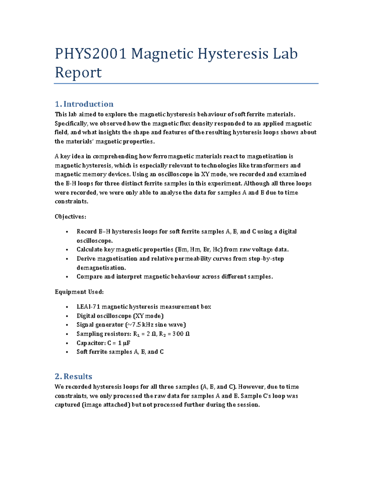 PHYS2001 Hysteresis Lab Report: Analysis of Soft Ferrite Samples - Studocu