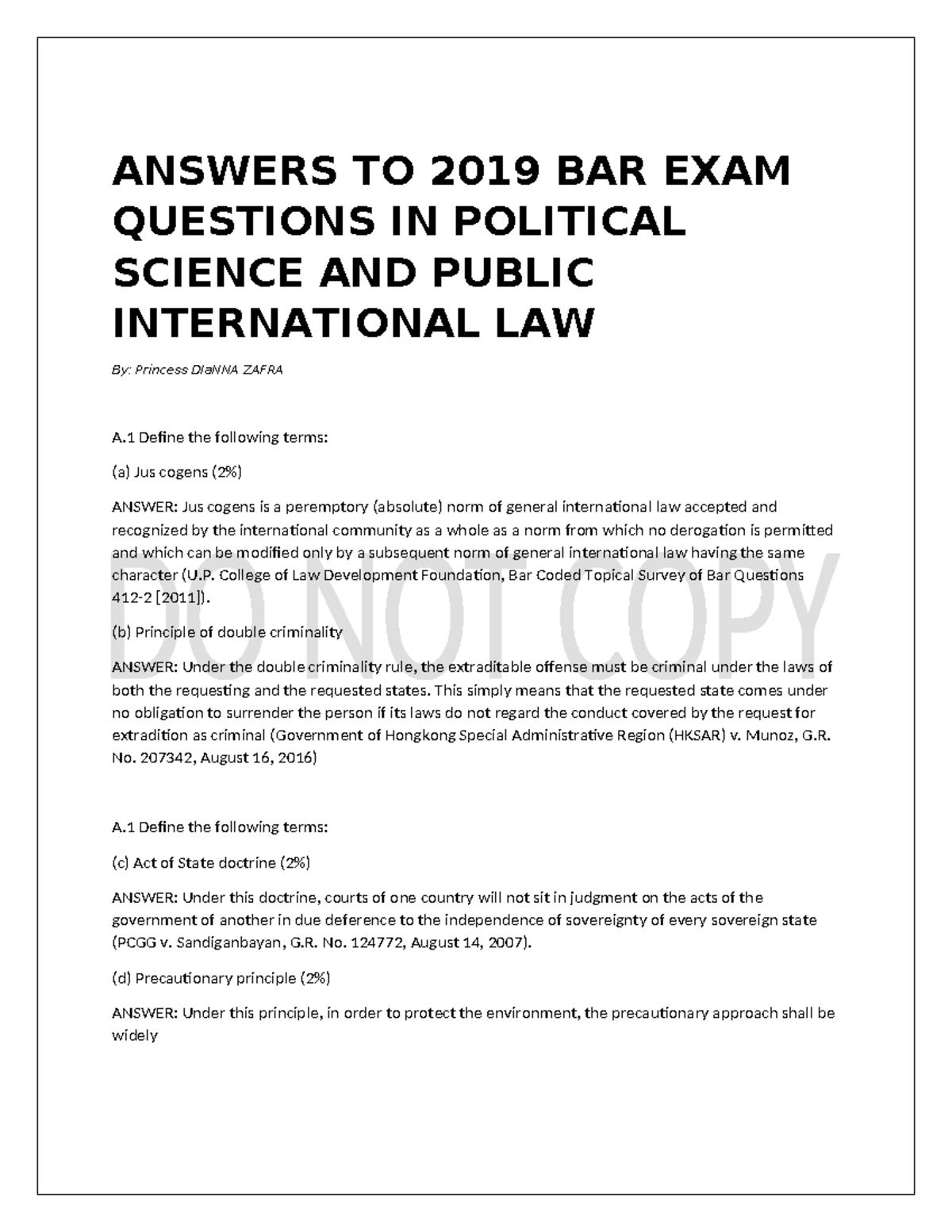 ANSWERS TO 2019 BAR EXAM QUESTIONS IN POLITICAL SCIENCE AND PUBLIC ...