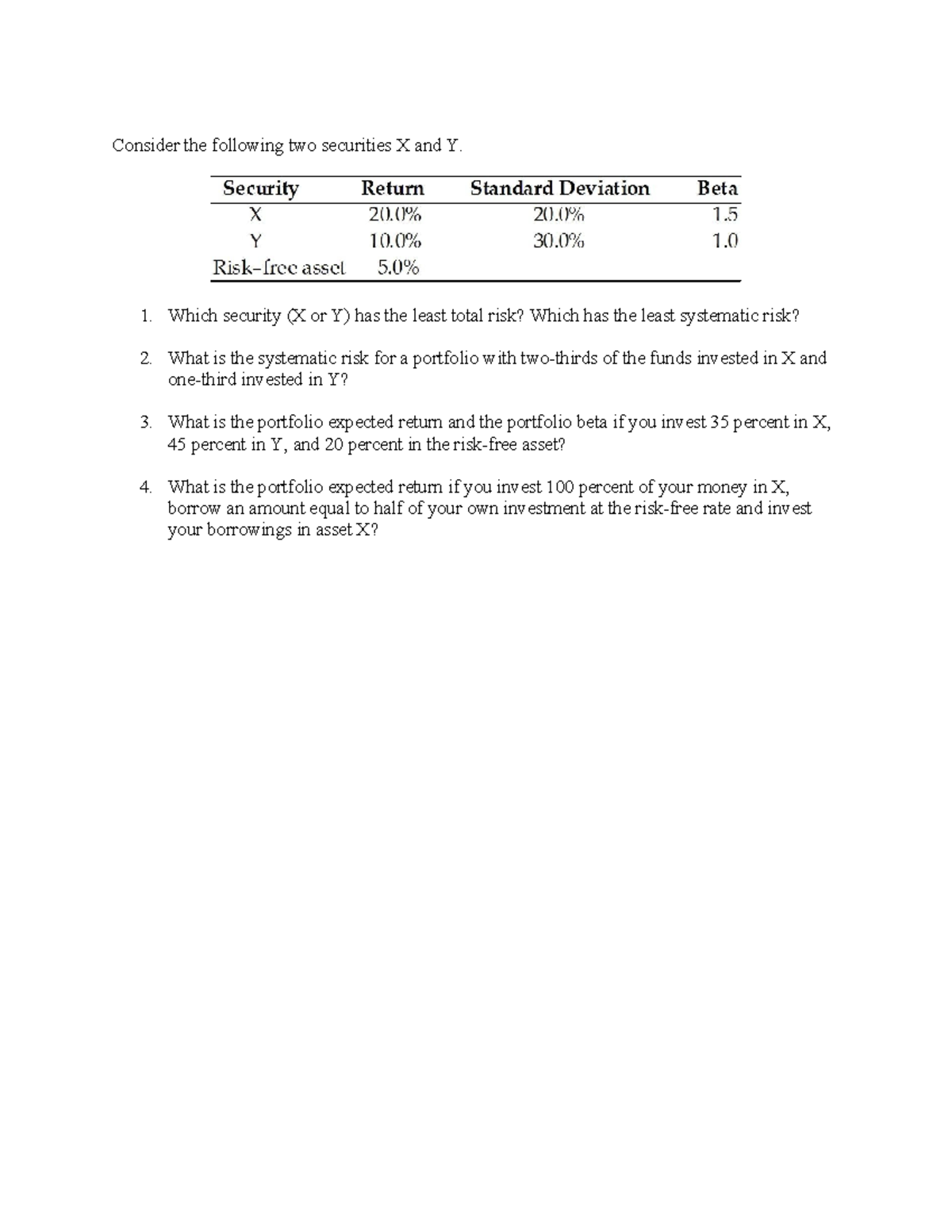 Portfolio Beta Analysis: Risk and Expected Returns of Securities X & Y ...