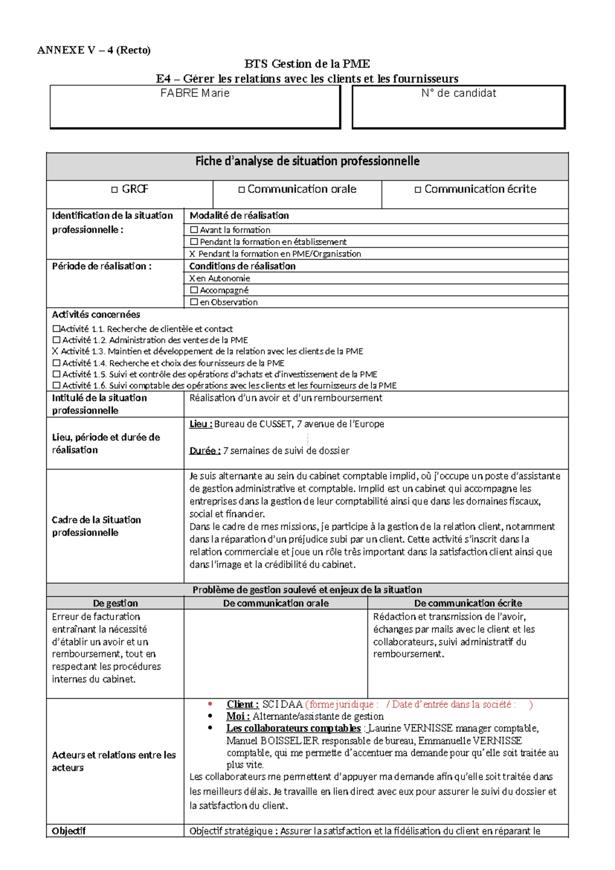 Fiche de Situation Professionnelle GRCF - Réparation d'un Préjudice ...