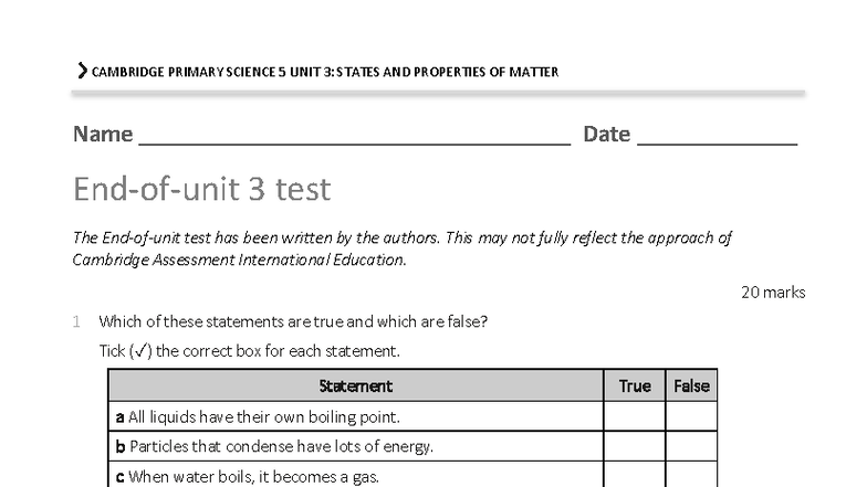 CAMBRIDGE PRIMARY SCIENCE 5 UNIT 3: STATES & PROPERTIES OF MATTER Test ...