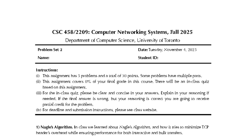 CSC 458 Computer Networking Systems - Problem Set 2, Fall 2025 - Studocu