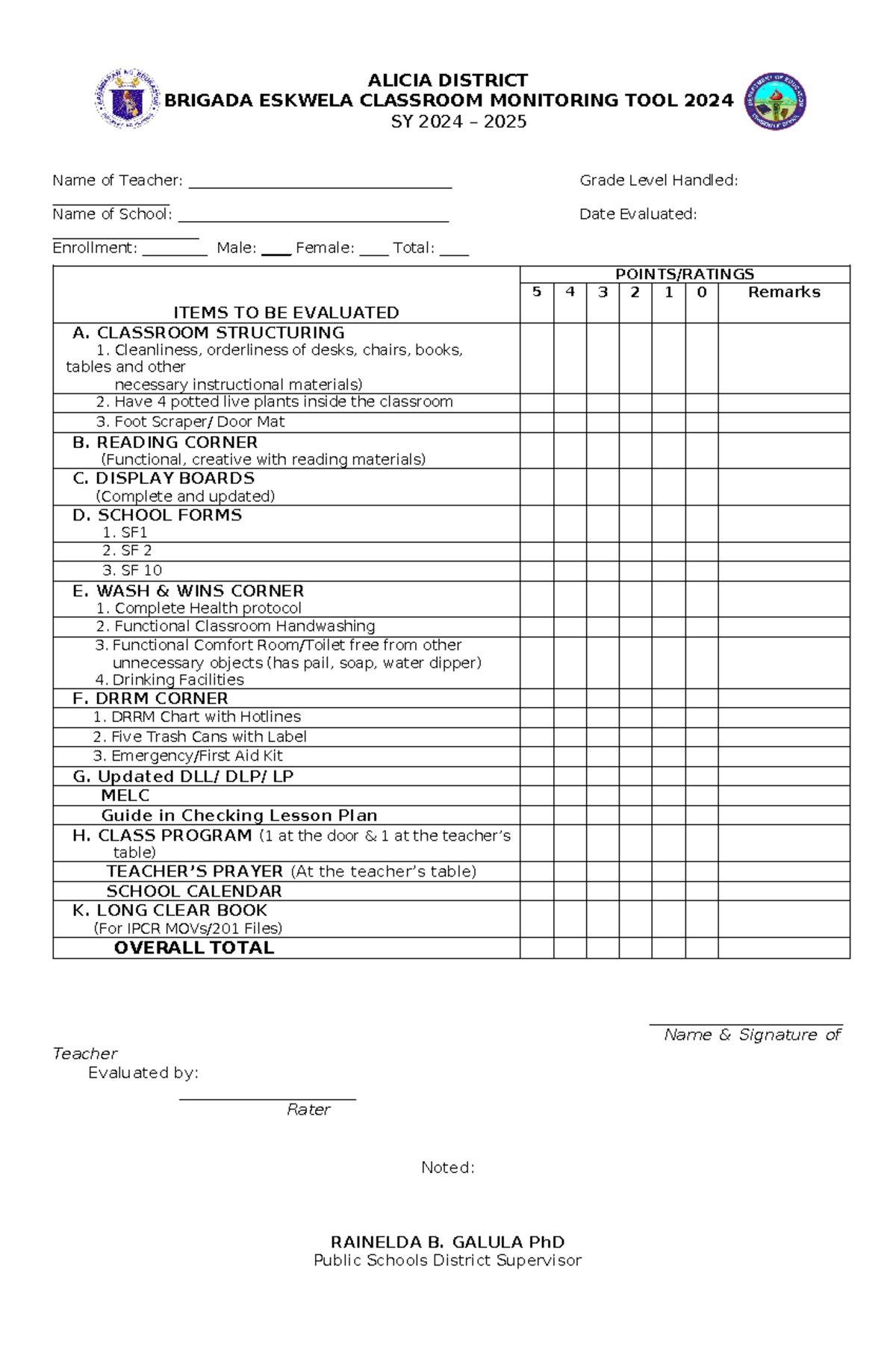 Checklist for Classroom Essentials SY 2024-2025 Evaluation Tool - Studocu