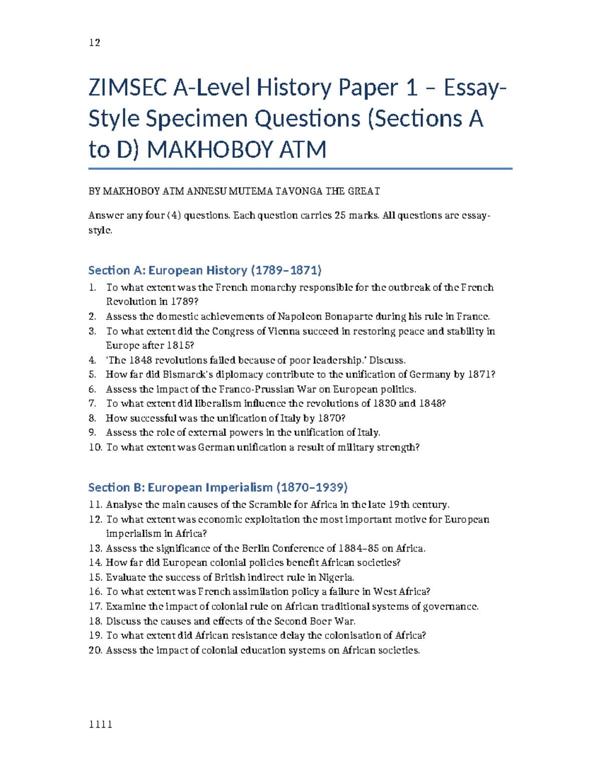 12 ZIMSEC History Paper 1 Essay Questions (Sections A-D) - Studocu