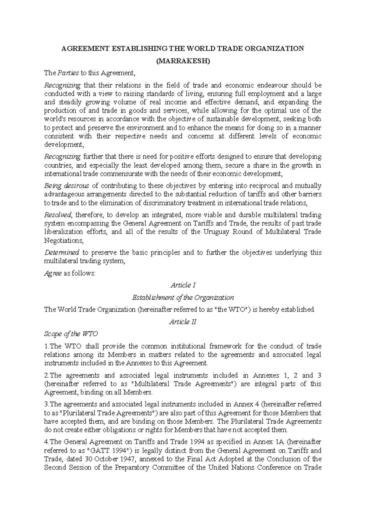 AGREEMENT ESTABLISHING THE WTO (MARRAKESH) - TEXT ANALYSIS - Studocu