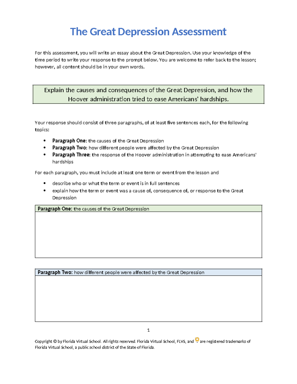 Great Depression Essay Template: Causes, Effects & Hoover's Response ...