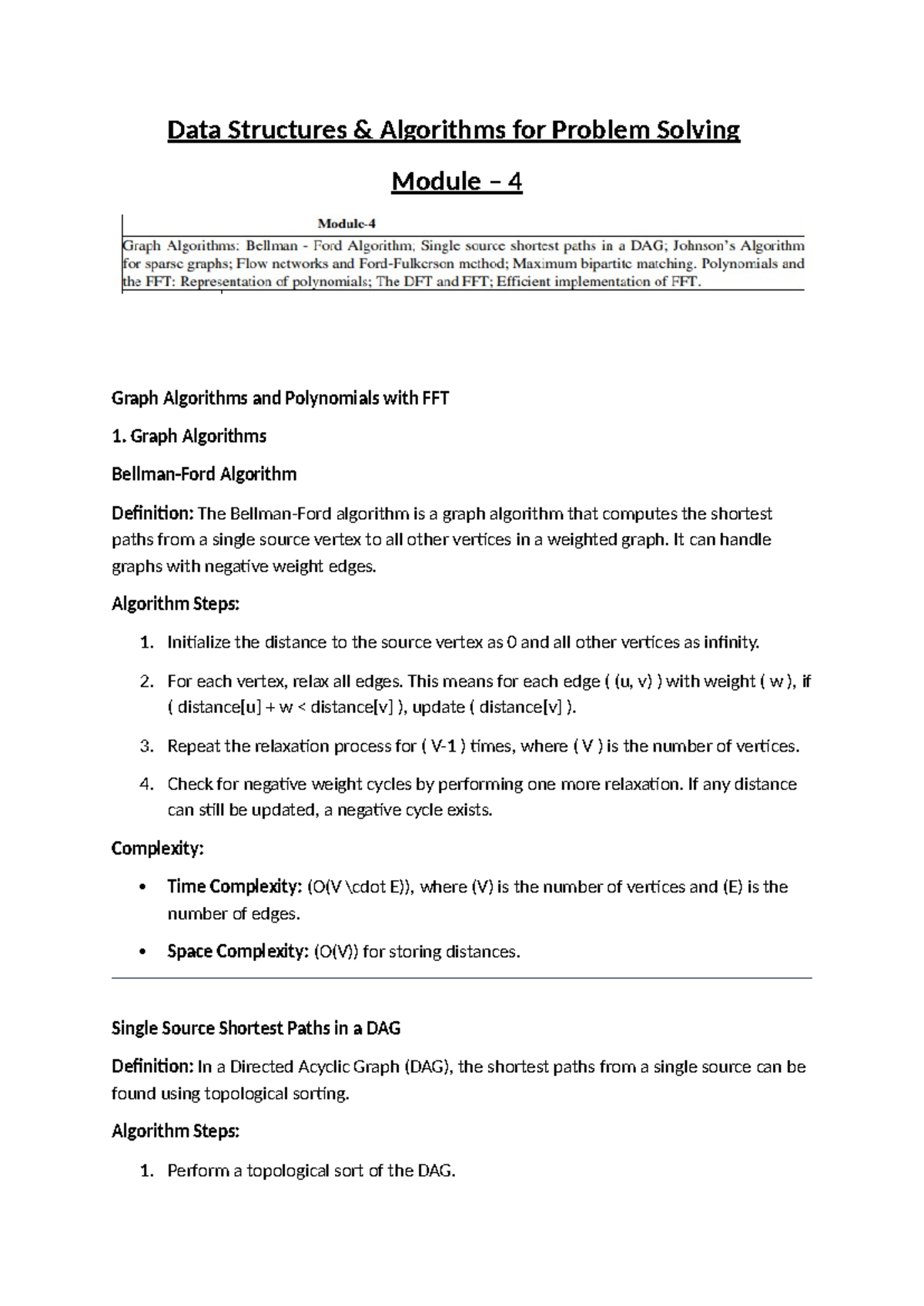 Module 4: Advanced Data Structures - Graph Algorithms & FFT Notes - Studocu