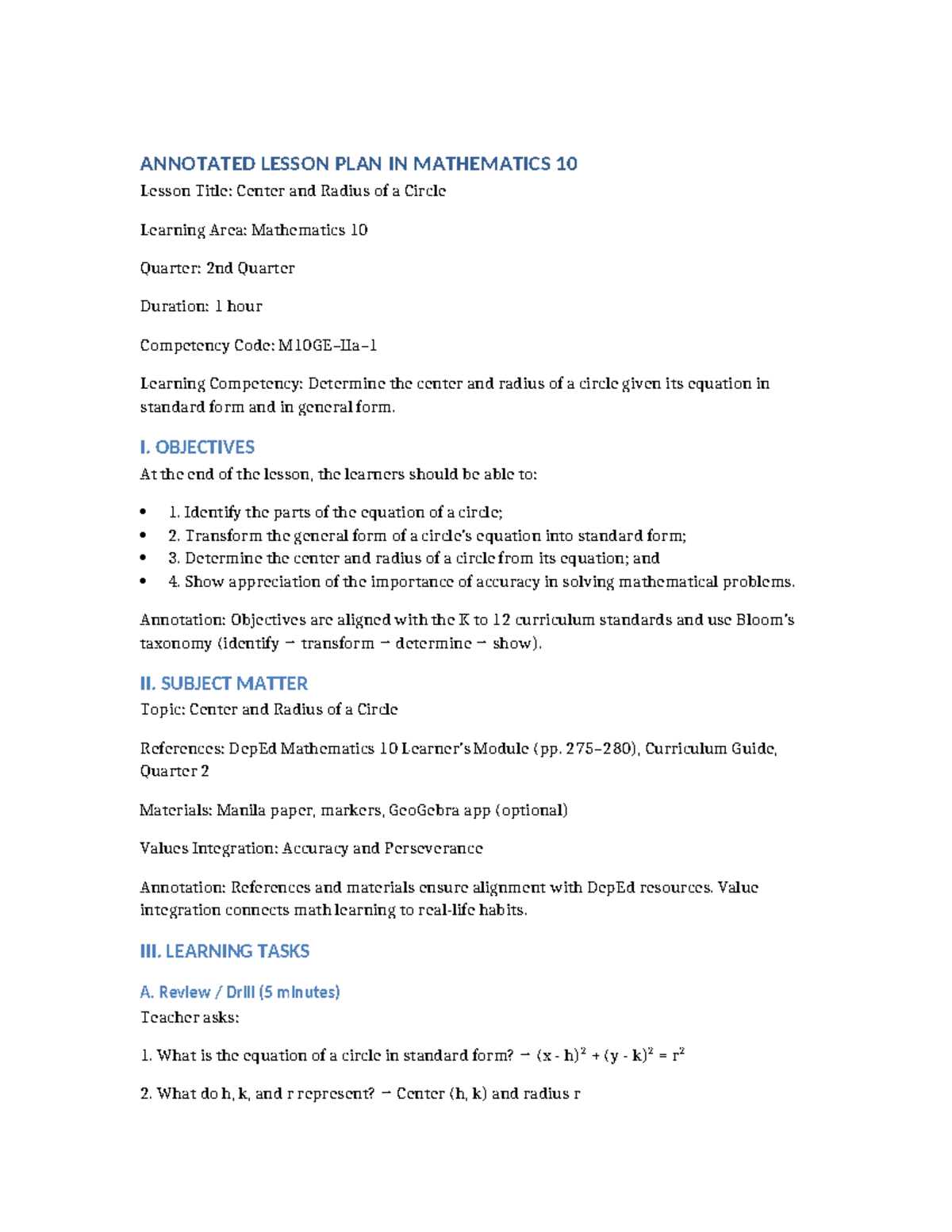 Annotated Lesson Plan: Center and Radius of a Circle (Math 10) - Studocu