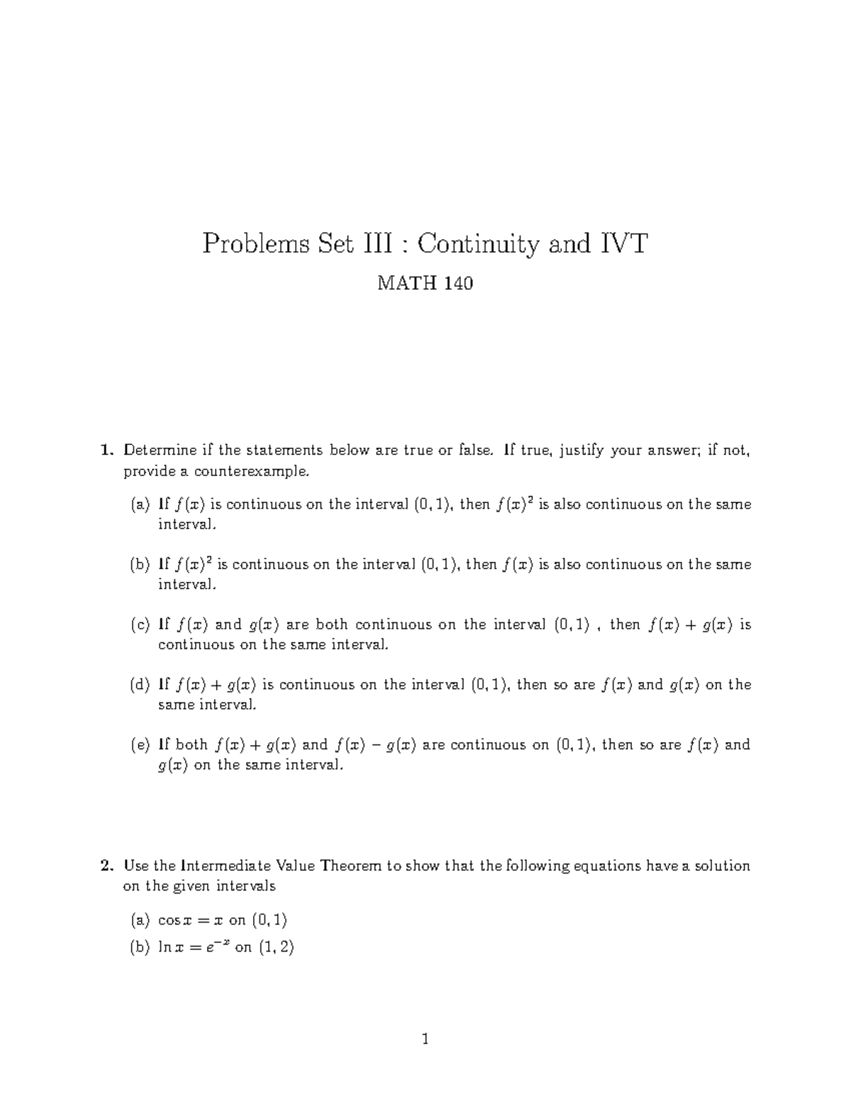 Math 140 Problems Set: Continuity & IVT Tutorial 3 - Studocu