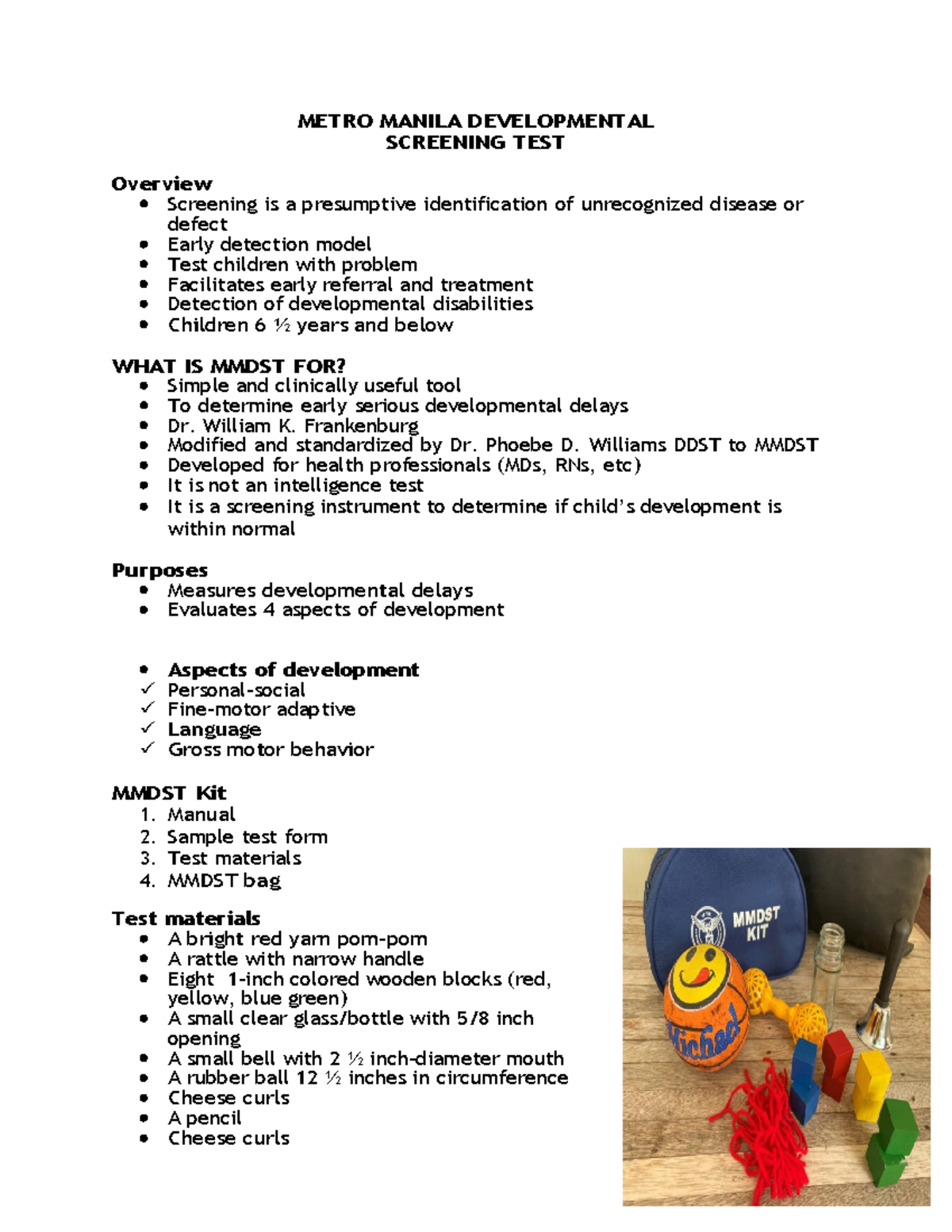 MMDST-TEST: Detailed Directions for Developmental Screening - Studocu