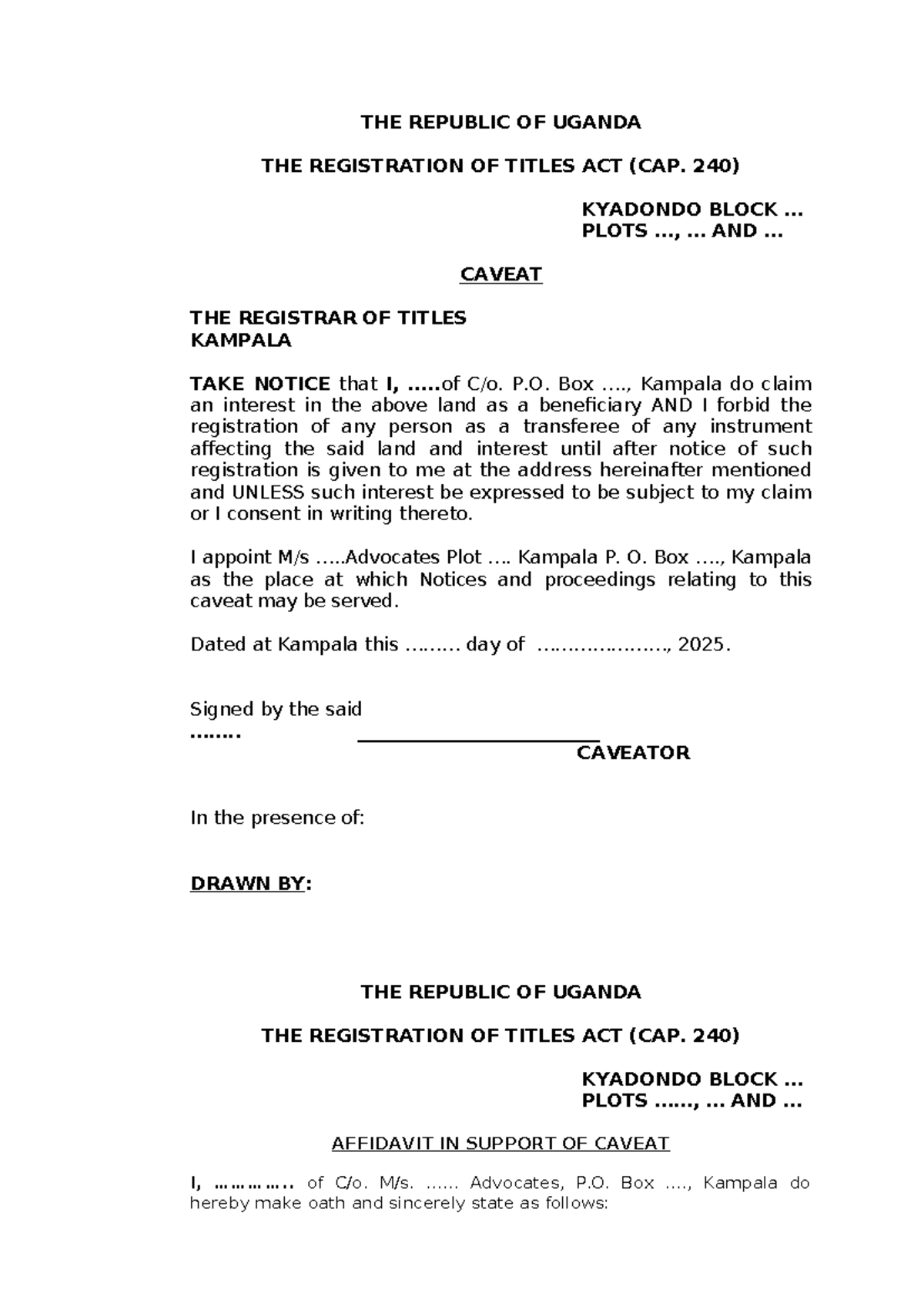 Caveat by Beneficiary - Registration of Titles Act (Cap. 240) - Studocu