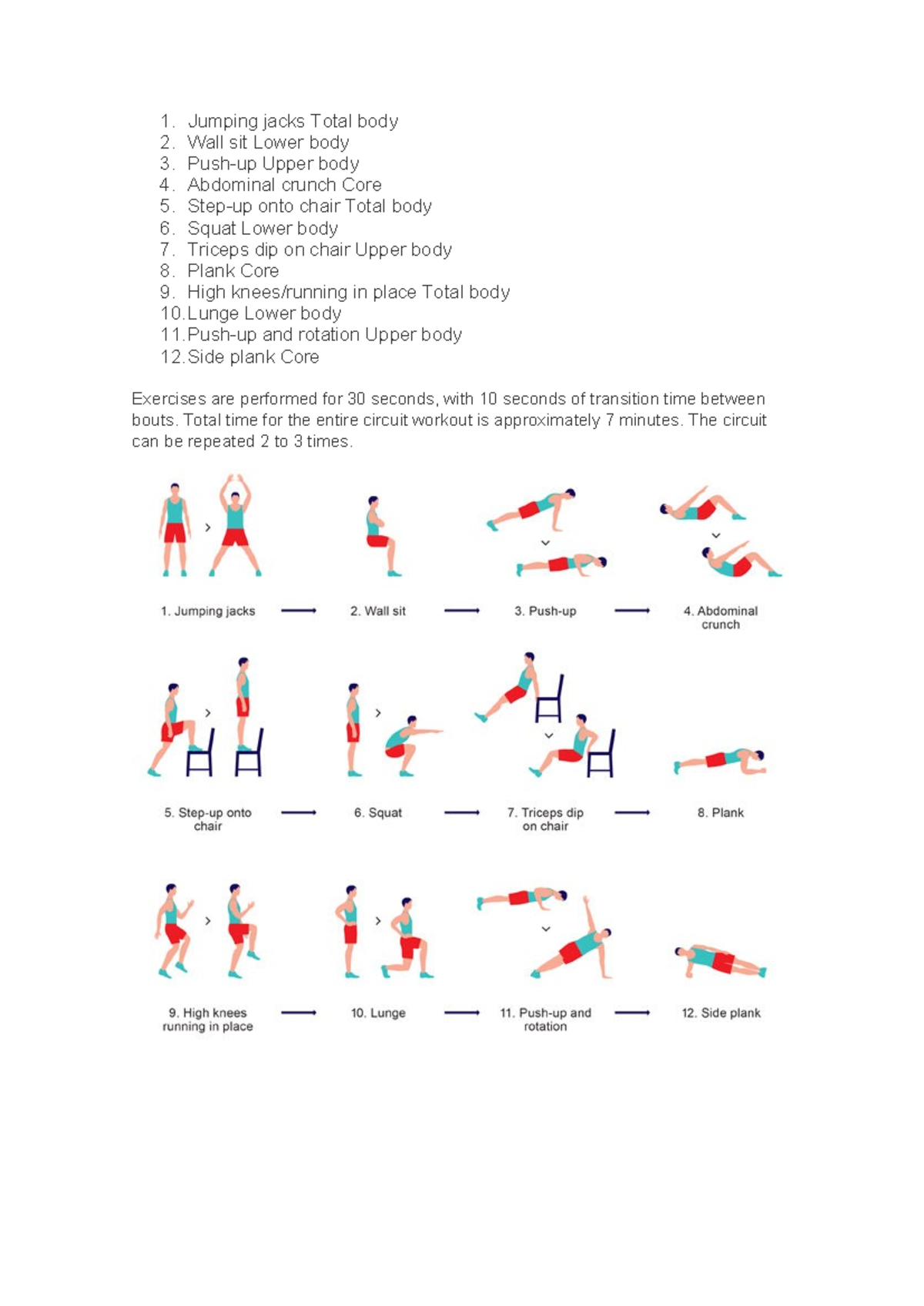 7 minute workout - 123 - 1. Jumping jacks Total body 2. Wall sit Lower ...