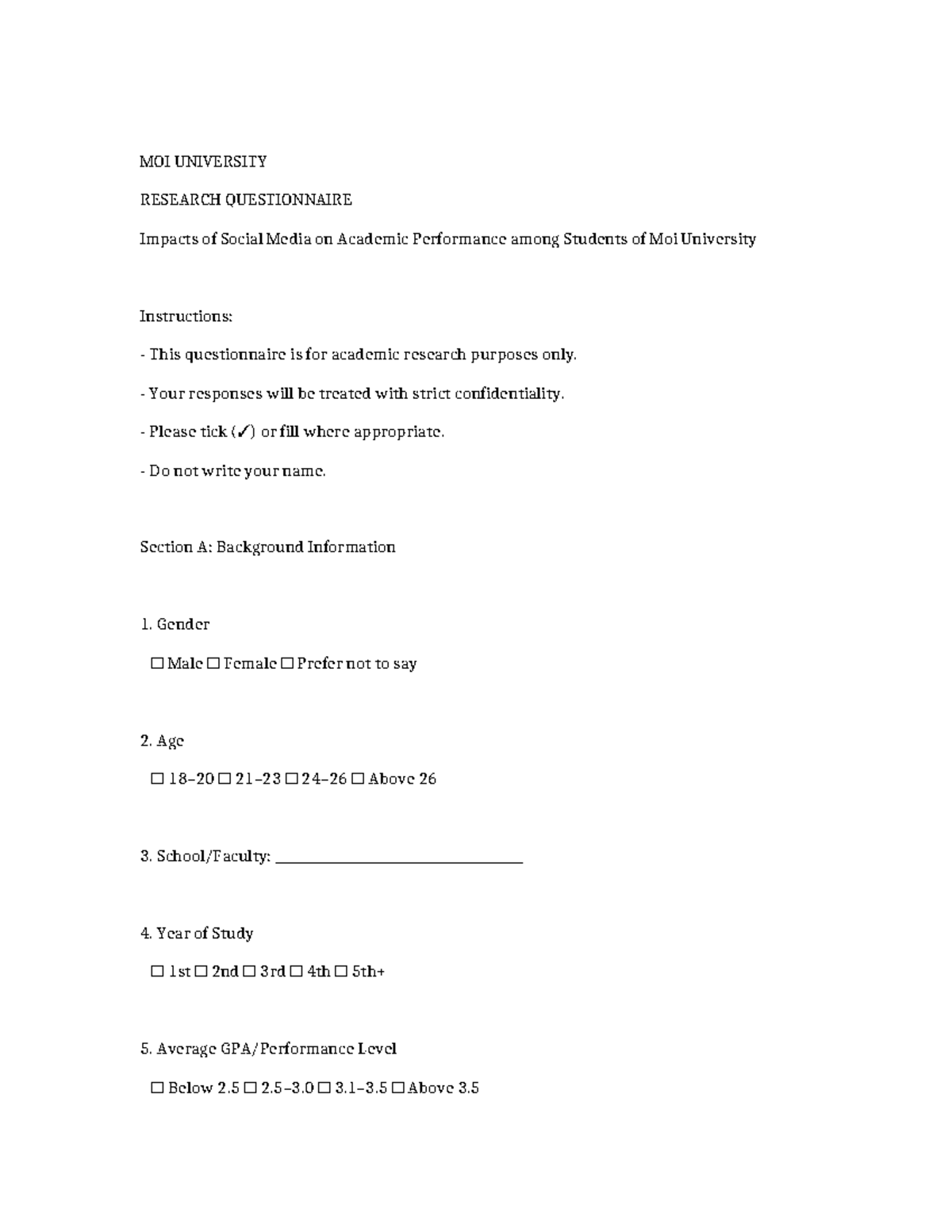 Moi University Research Questionnaire: Social Media & Academic ...
