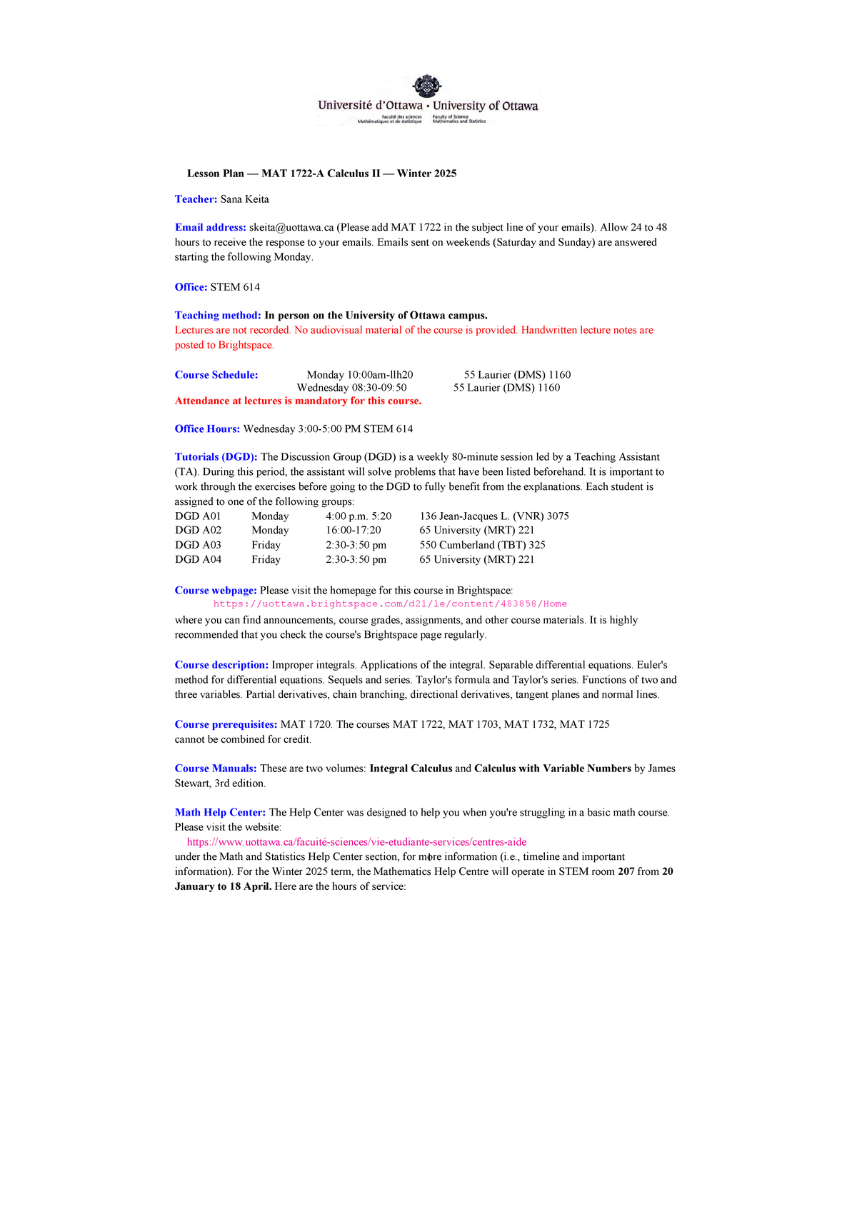 Syllabus for MAT 1722: Calculus II - Winter 2025 Lesson Plan - Studocu