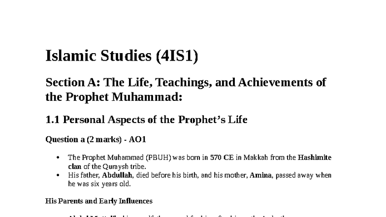 Islamic Studies (4IS1) Final Exam: Life and Teachings of Prophet ...