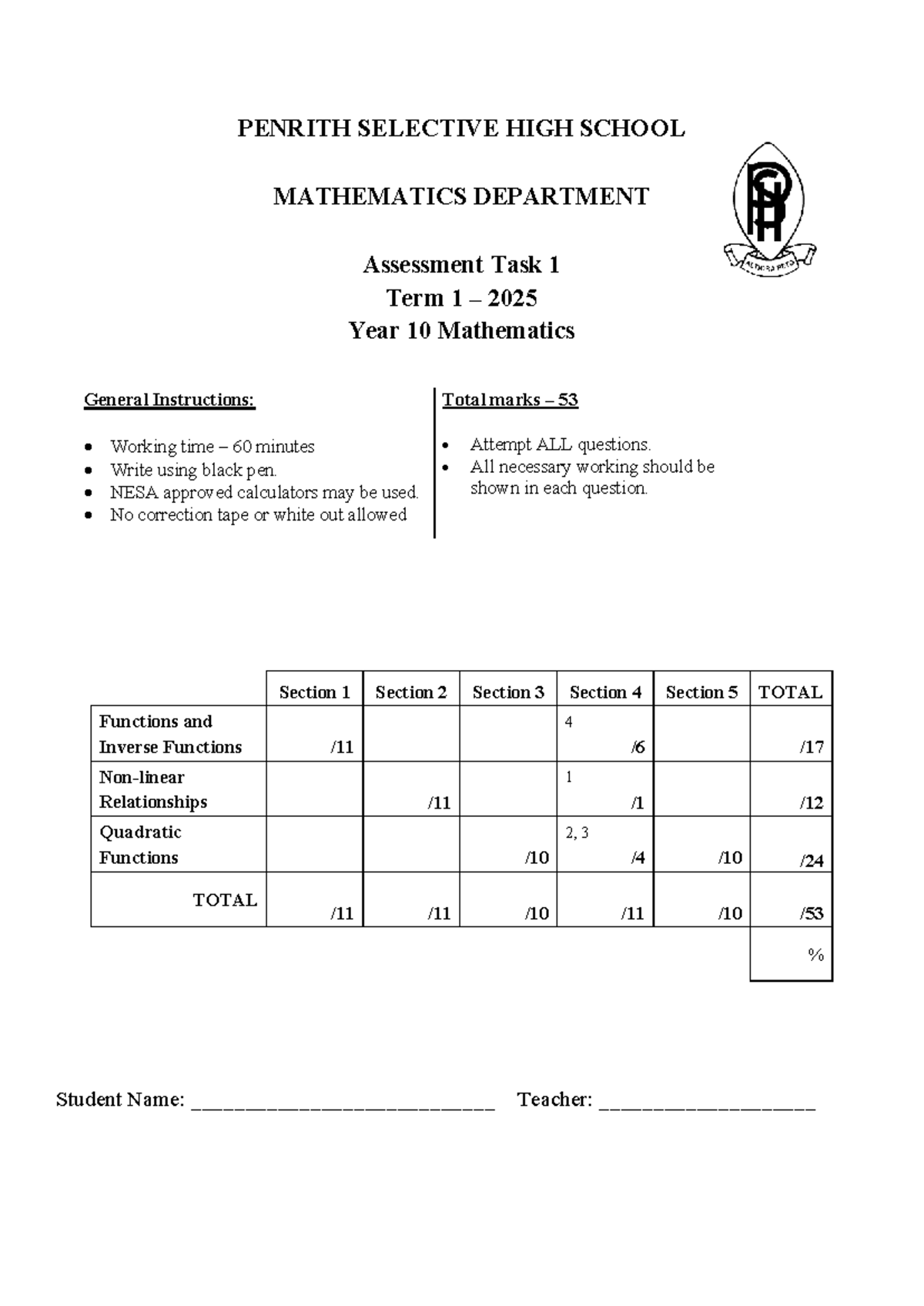 Year 10 Mathematics Assessment Task 1 - Term 1 2025 - Studocu