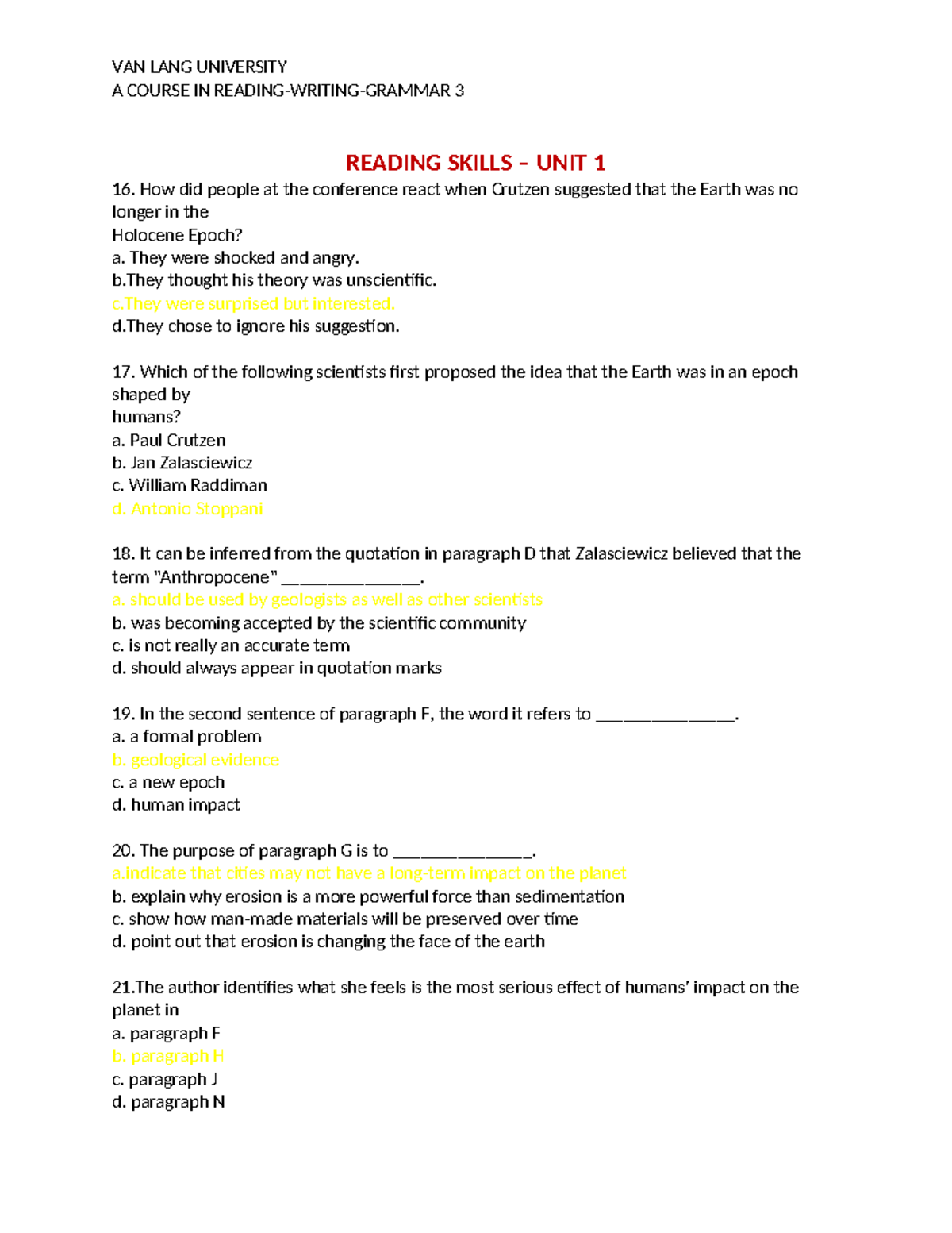 W1 READING COMPREHENSION: UNIT 1 - CONFERENCE REACTIONS & IMPACTS - Studocu