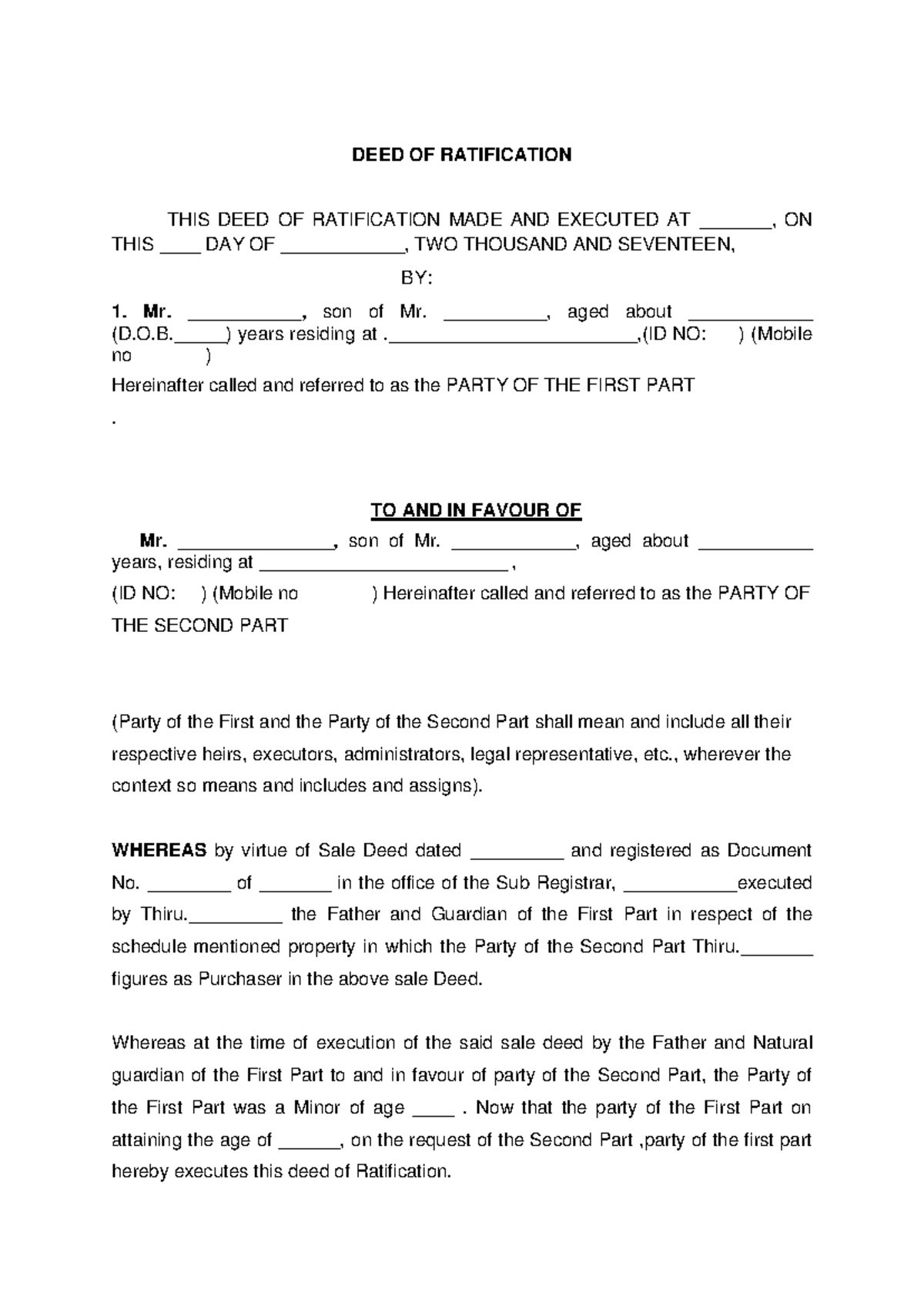 DEED OF Ratification for Minor - Executed 2017 - Studocu