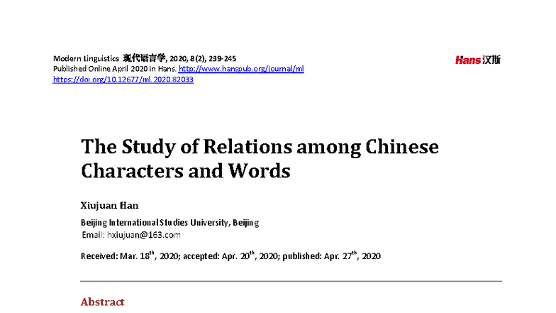Linguistic Analysis of Chinese Characters and Words (2020) - Studocu