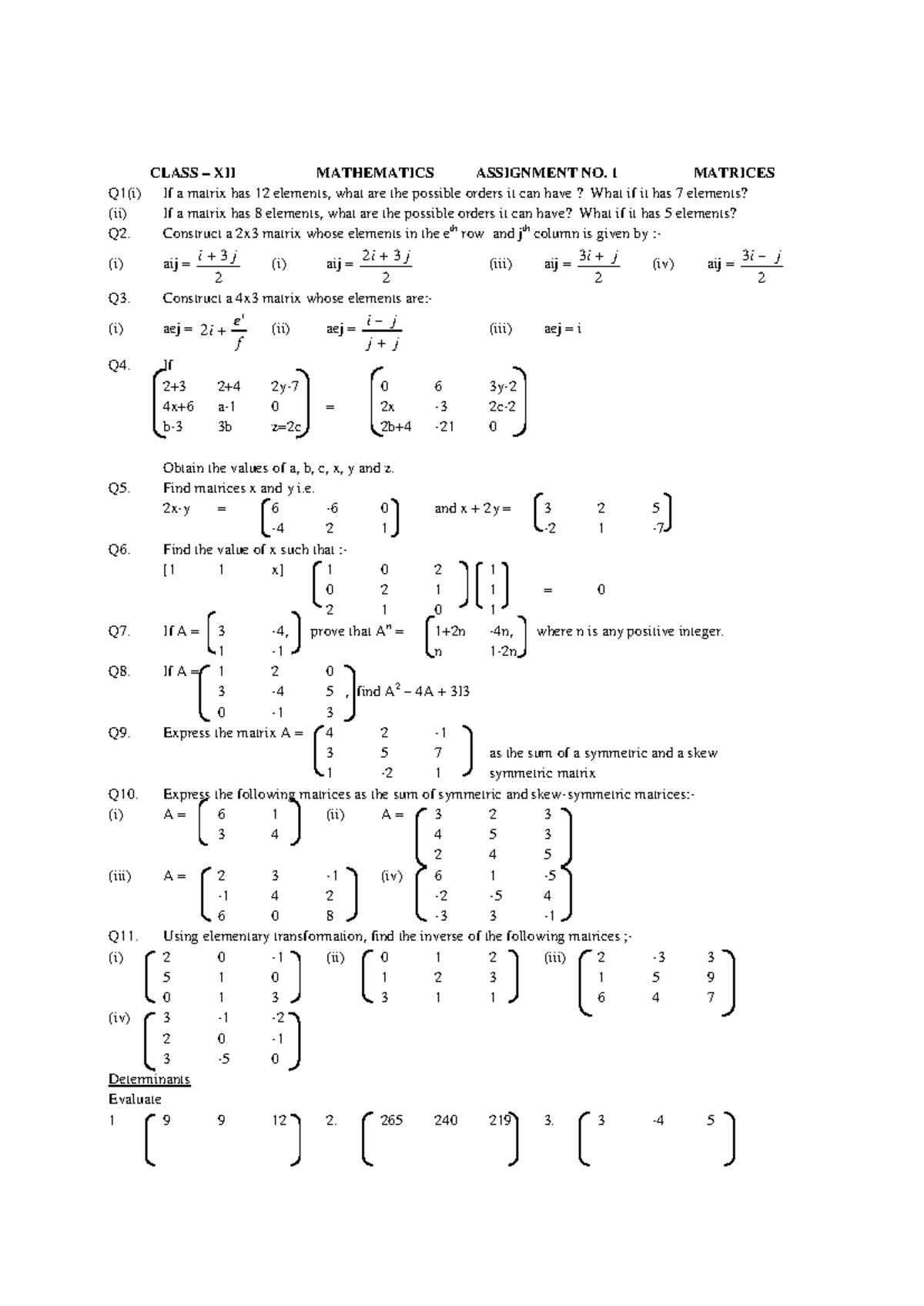 CBSE Class 12 Maths Assignment on Matrices and Determinants - Studocu