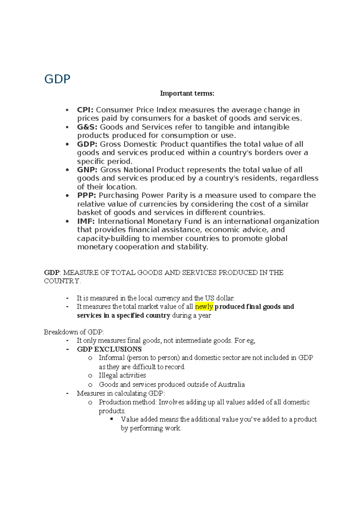 L1 Notes 1020: Key Concepts in GDP and Economic Indicators - Studocu