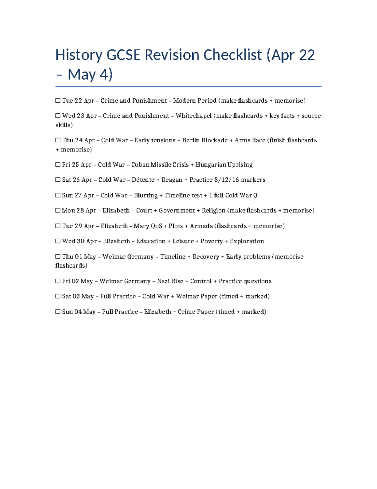 History GCSE Revision Checklist: Key Topics for Apr 22 - May 4 - Studocu