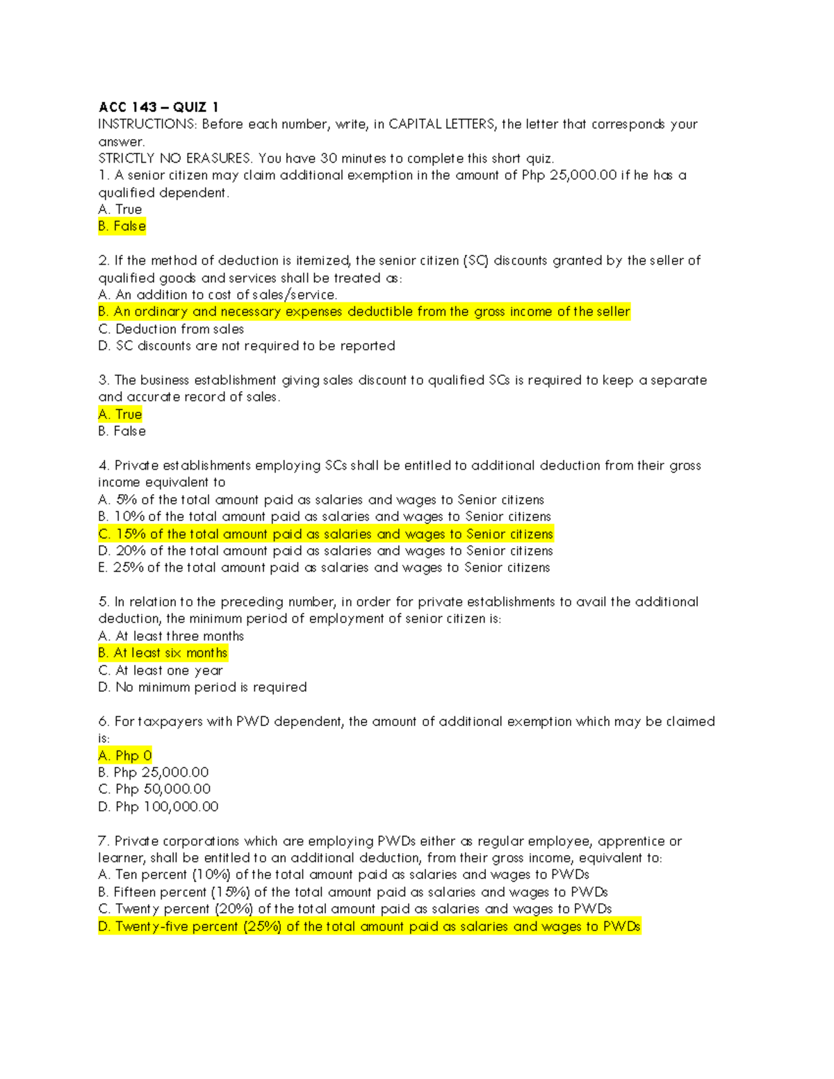 ACC 143 - Quiz 1 Answer Key on Preferential Taxation Principles - Studocu