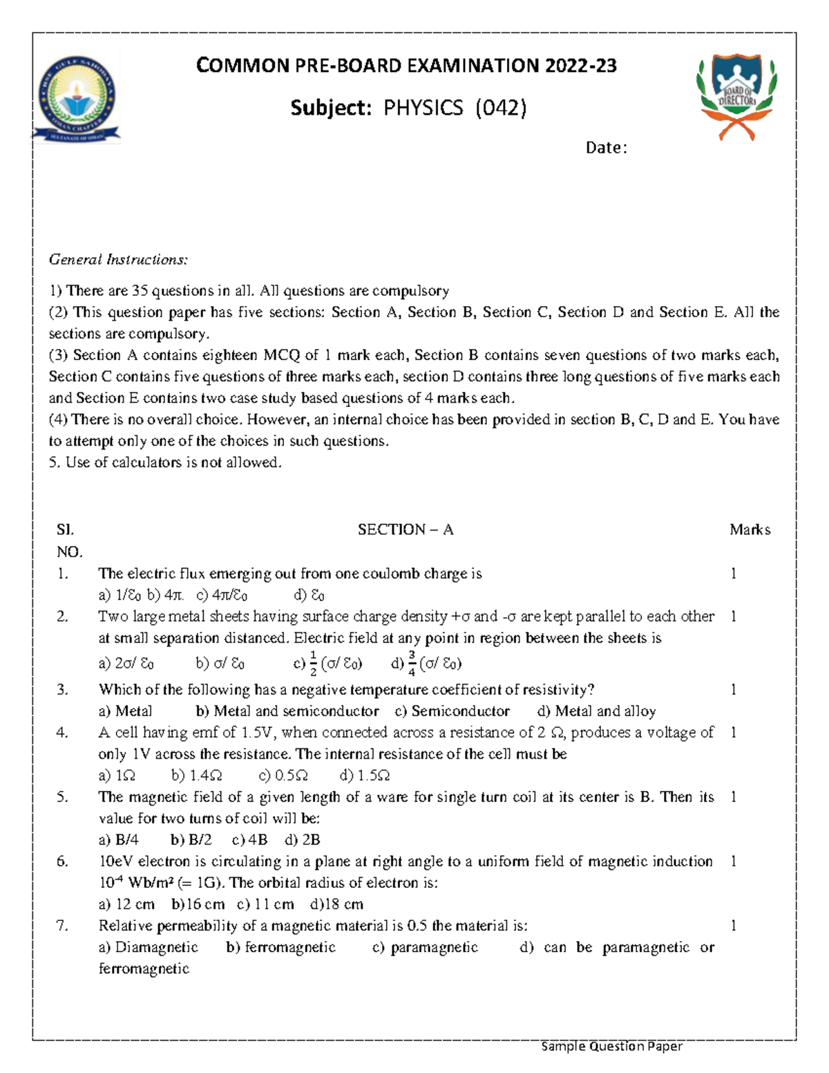 PHYSICS (042) Sample Paper for Common Examination - Studocu