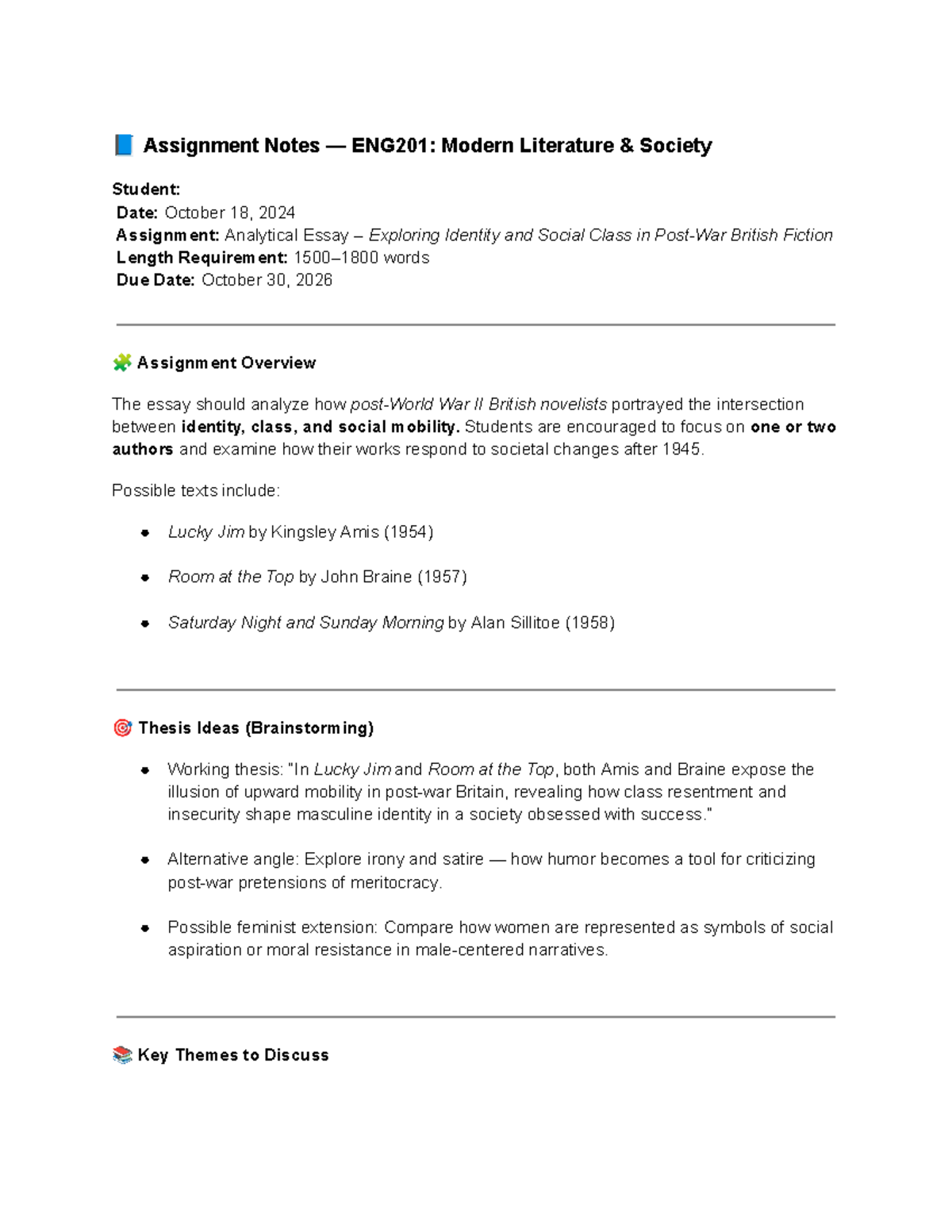 Analytical Essay Notes ENG201: Identity & Class in British Literature ...