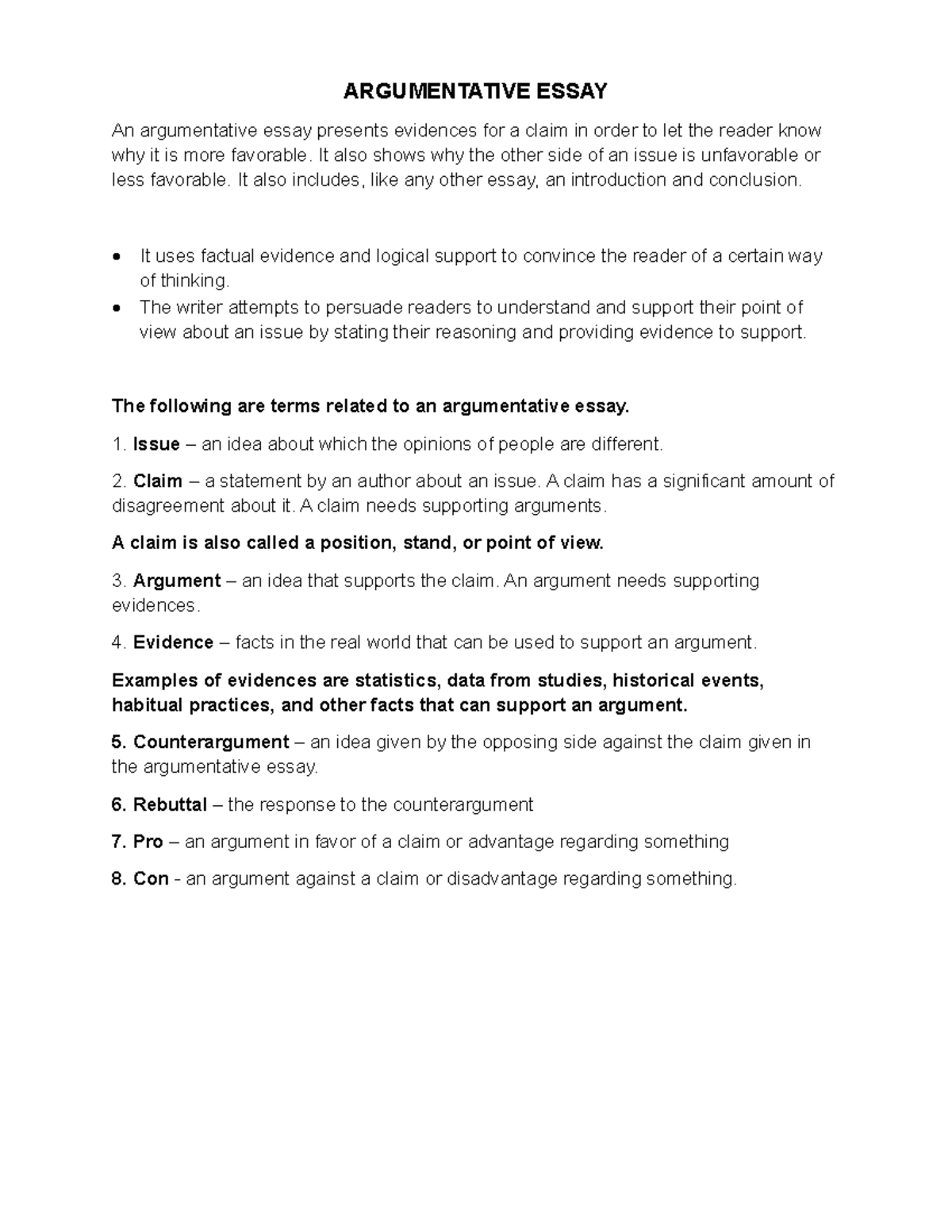 ENG 10 - Comprehensive Guide to Writing an Argumentative Essay - Studocu