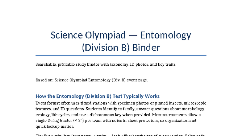 Entomology Study Binder for Science Olympiad (Div. B) - Studocu