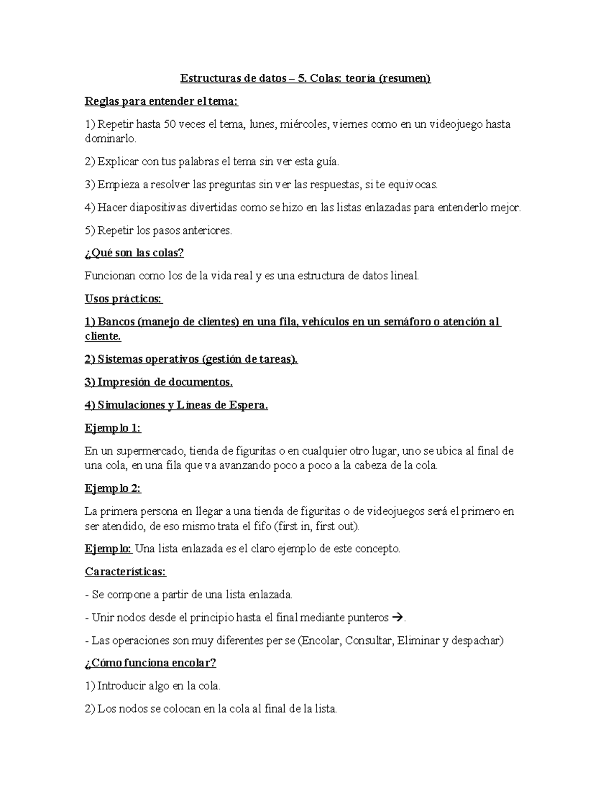 Colas: Teoría y Ejemplos Prácticos de Listas Enlazadas - Studocu