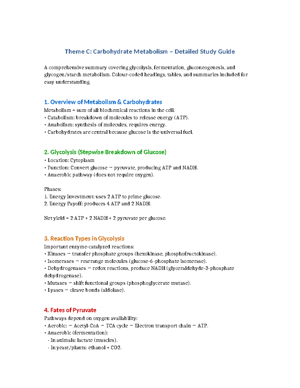 Theme C: Carbohydrate Metabolism Study Guide (Glycolysis, Fermentation ...