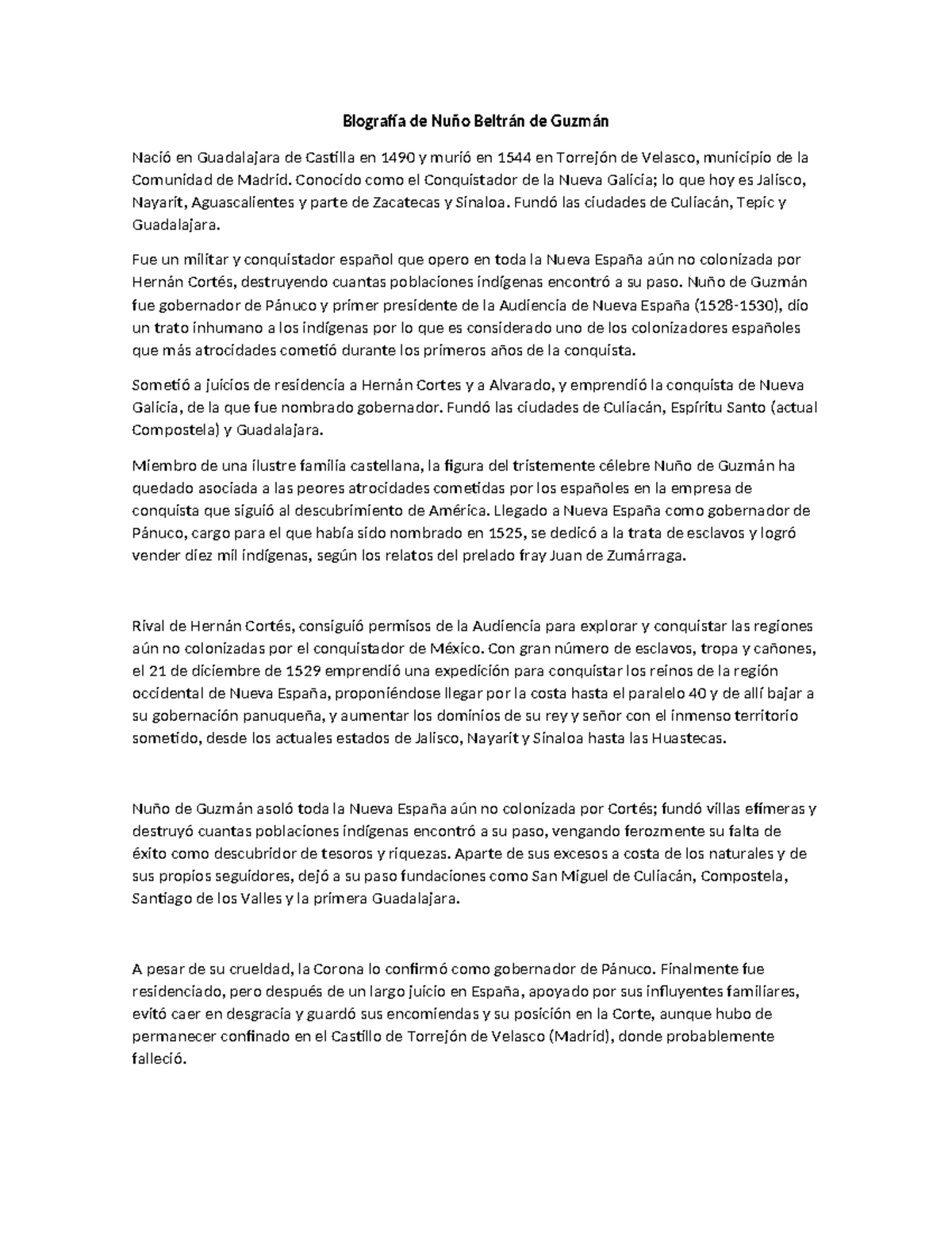 Biografía de Nuño Beltrán de Guzmán: Conquistador y Atrocidades - Studocu