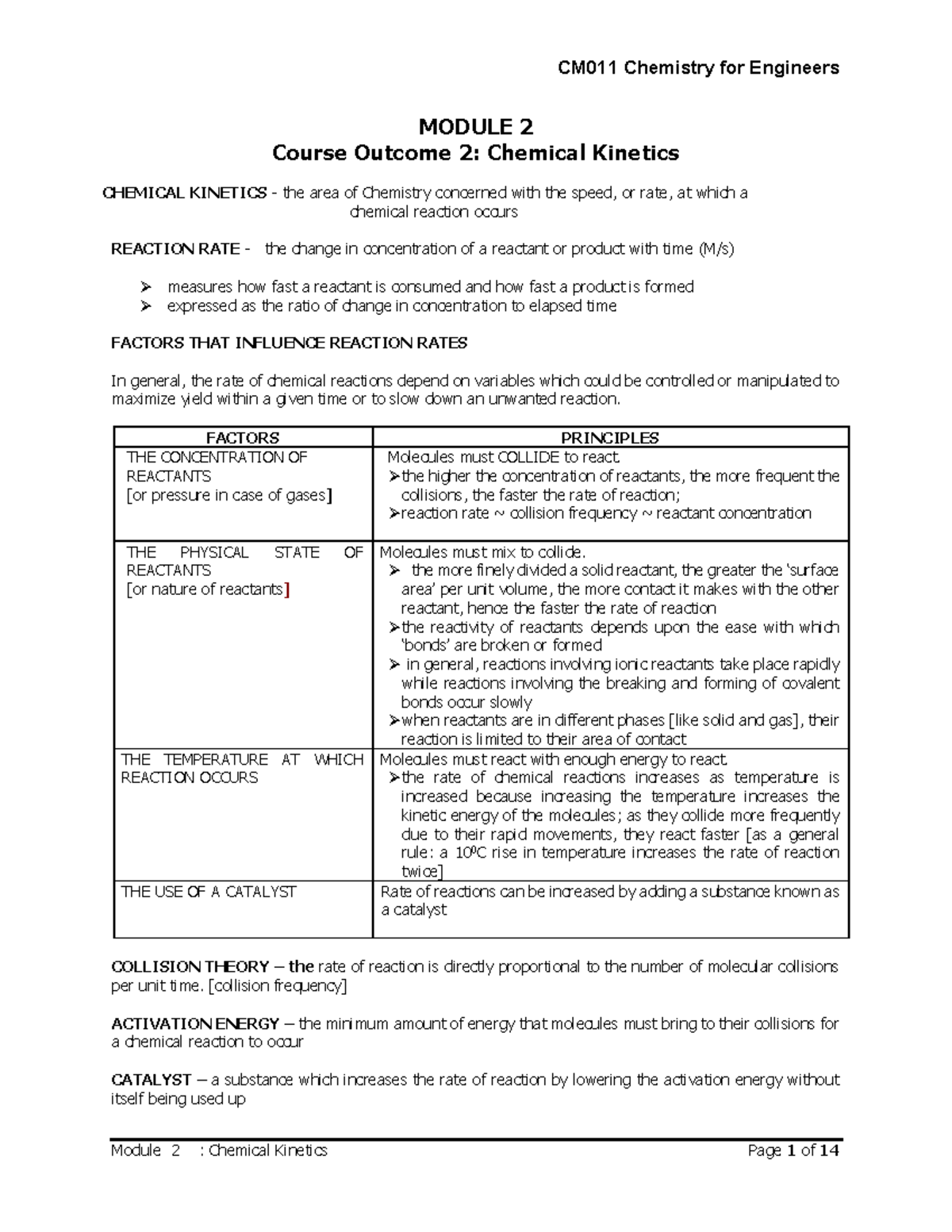 CM011 Chemistry for Engineers: Module 2 - Chemical Kinetics Handouts ...