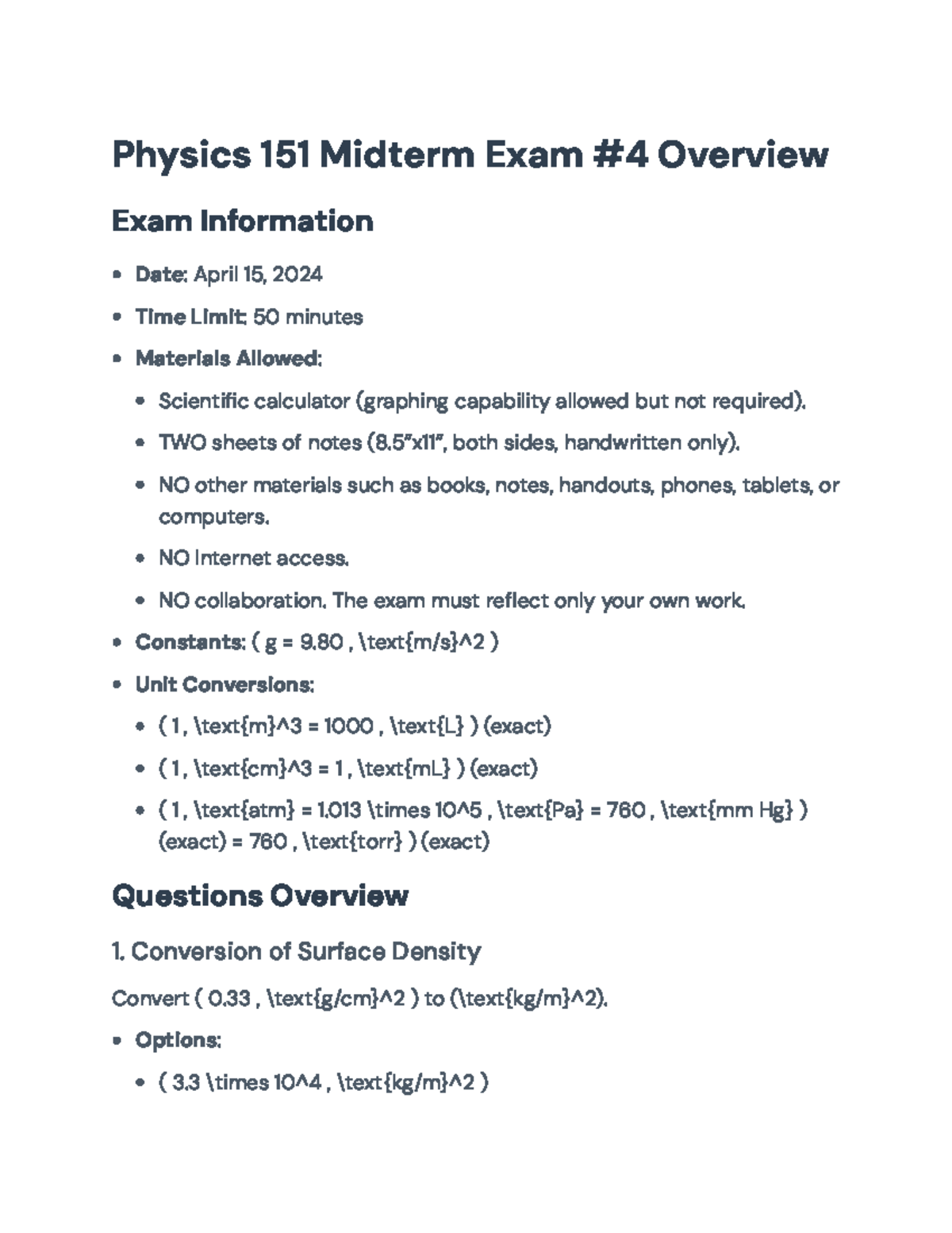 Physics 151 Midterm Exam #4 Study Guide: Key Concepts & Tips - Studocu