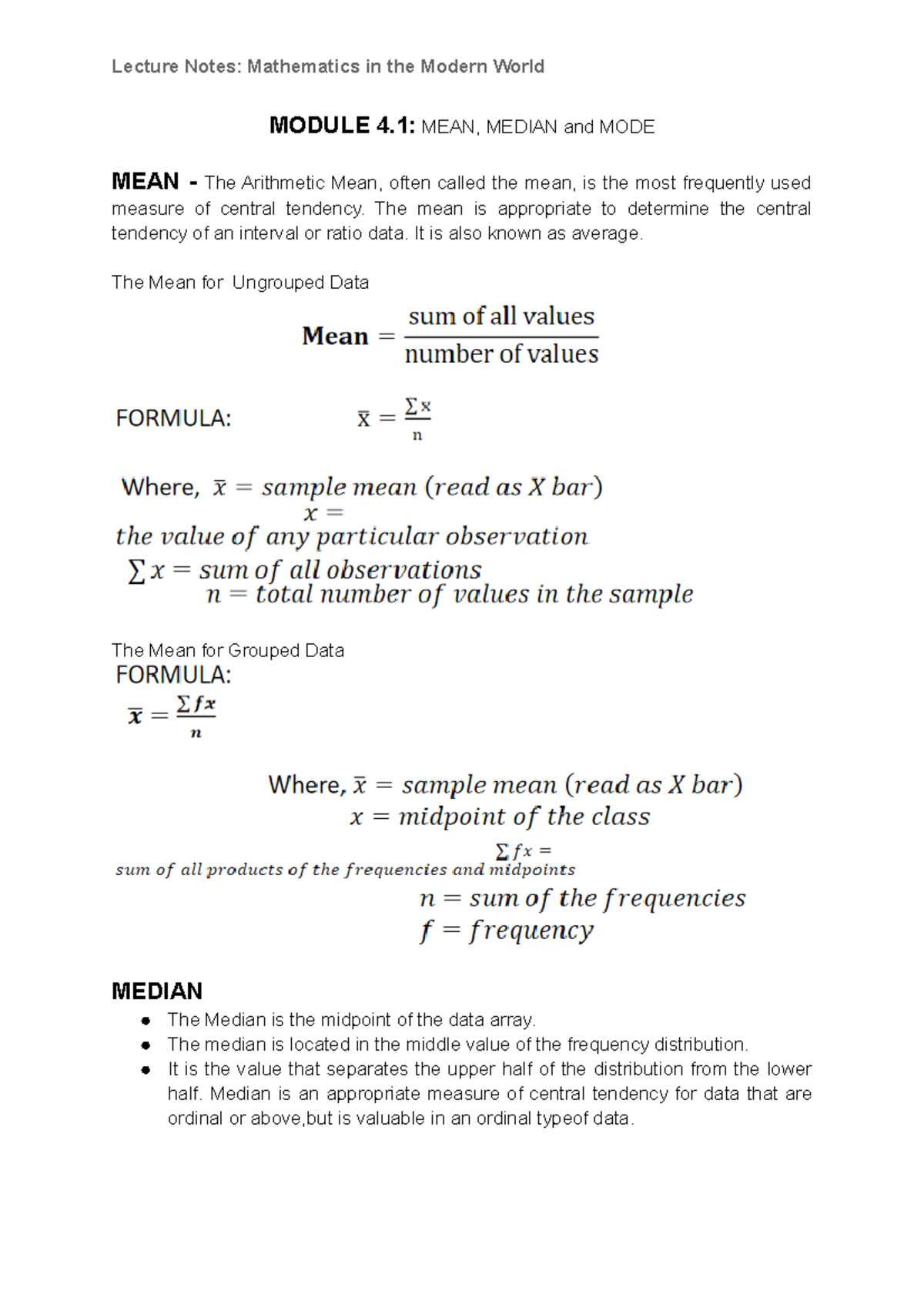 Lecture Notes MEAN, Median and MODE - MODULE 4: MEAN, MEDIAN and MODE ...
