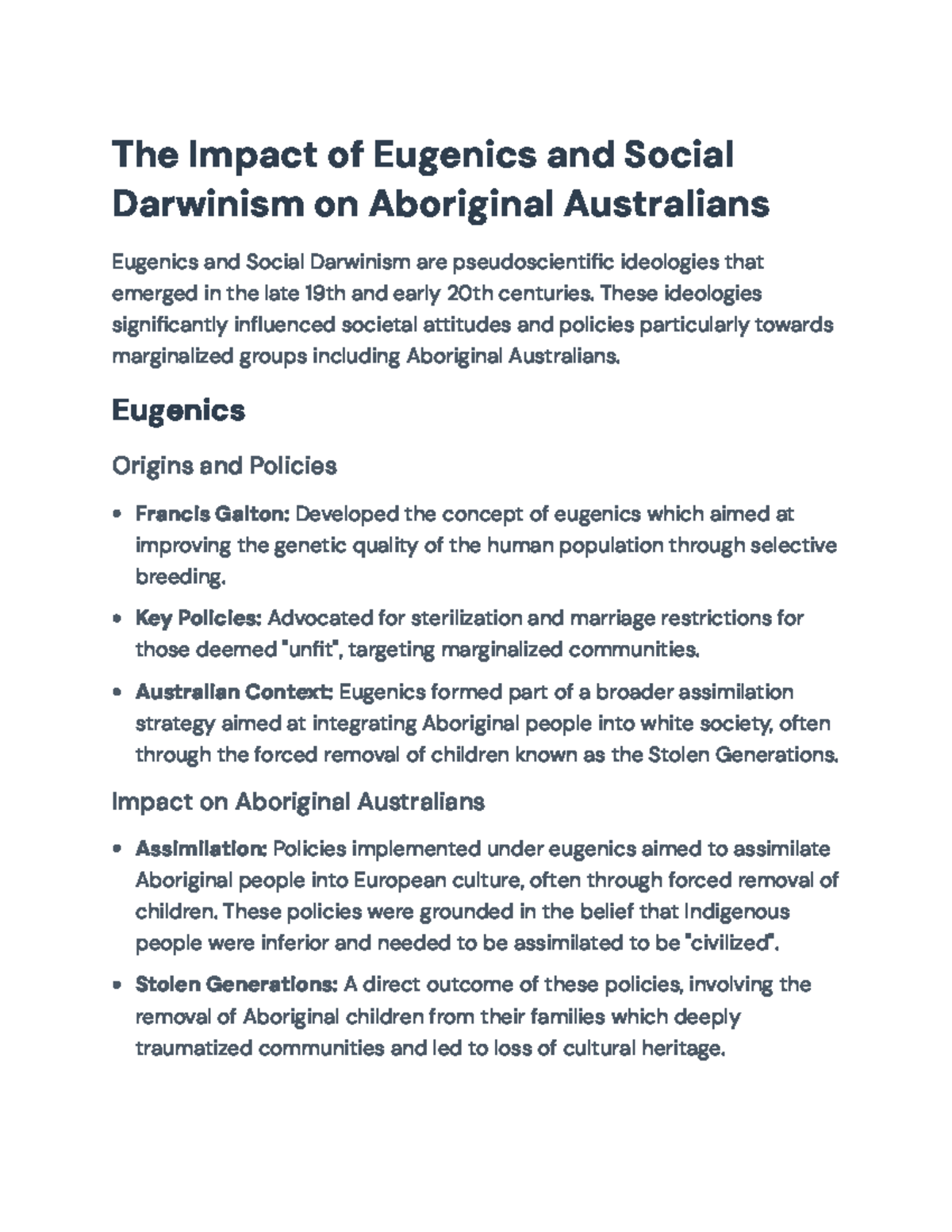 Eugenics & Social Darwinism's Impact on Aboriginal Australians - Studocu