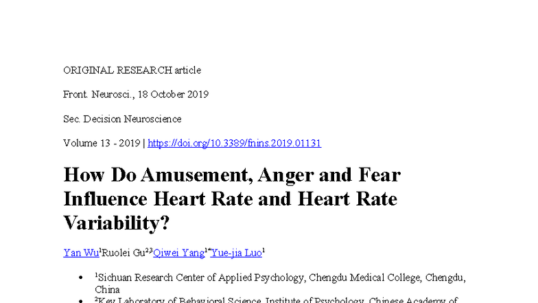 How Amusement, Anger, and Fear Affect Heart Rate and Variability - Studocu