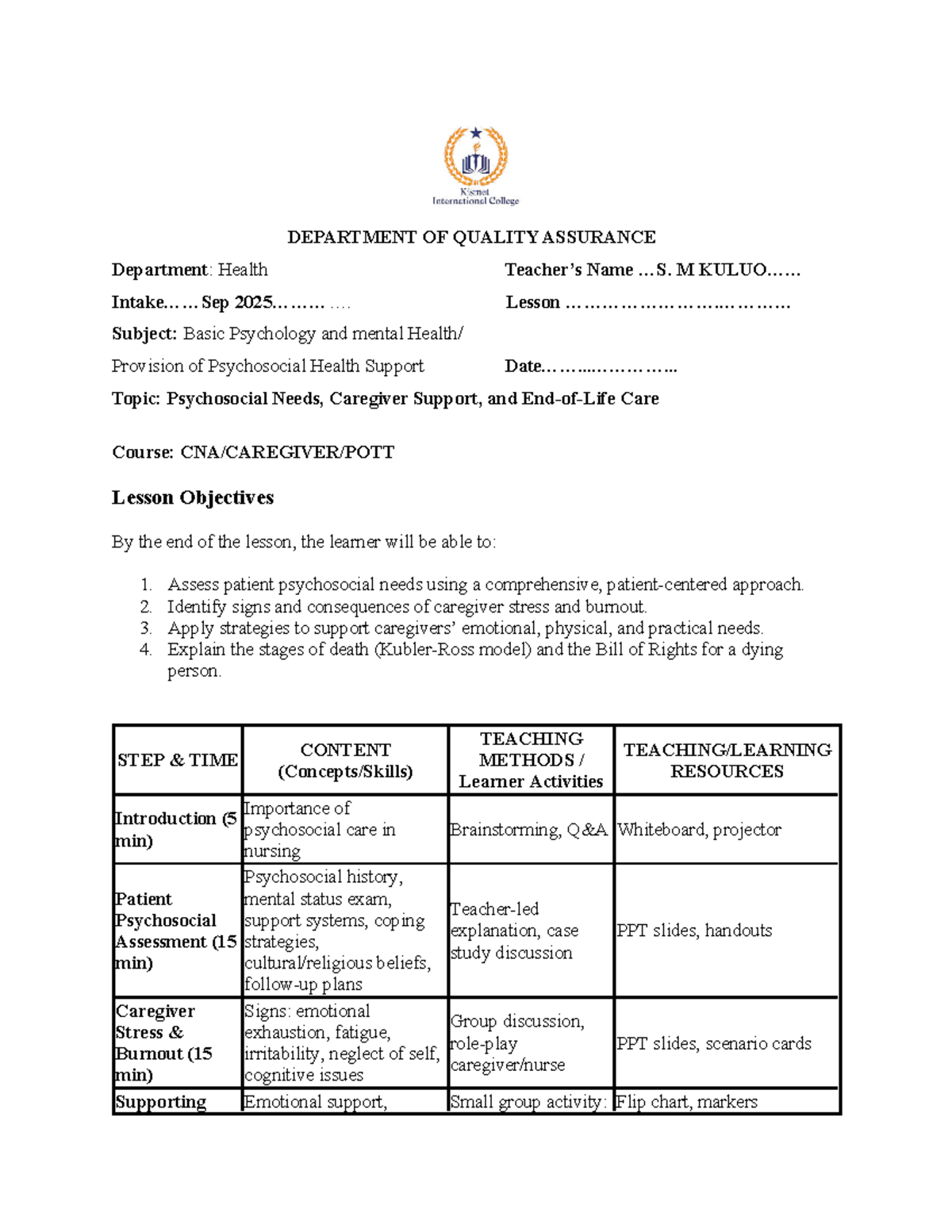 Quality Assurance Lesson Plan: Psychosocial Needs & Caregiver Support ...