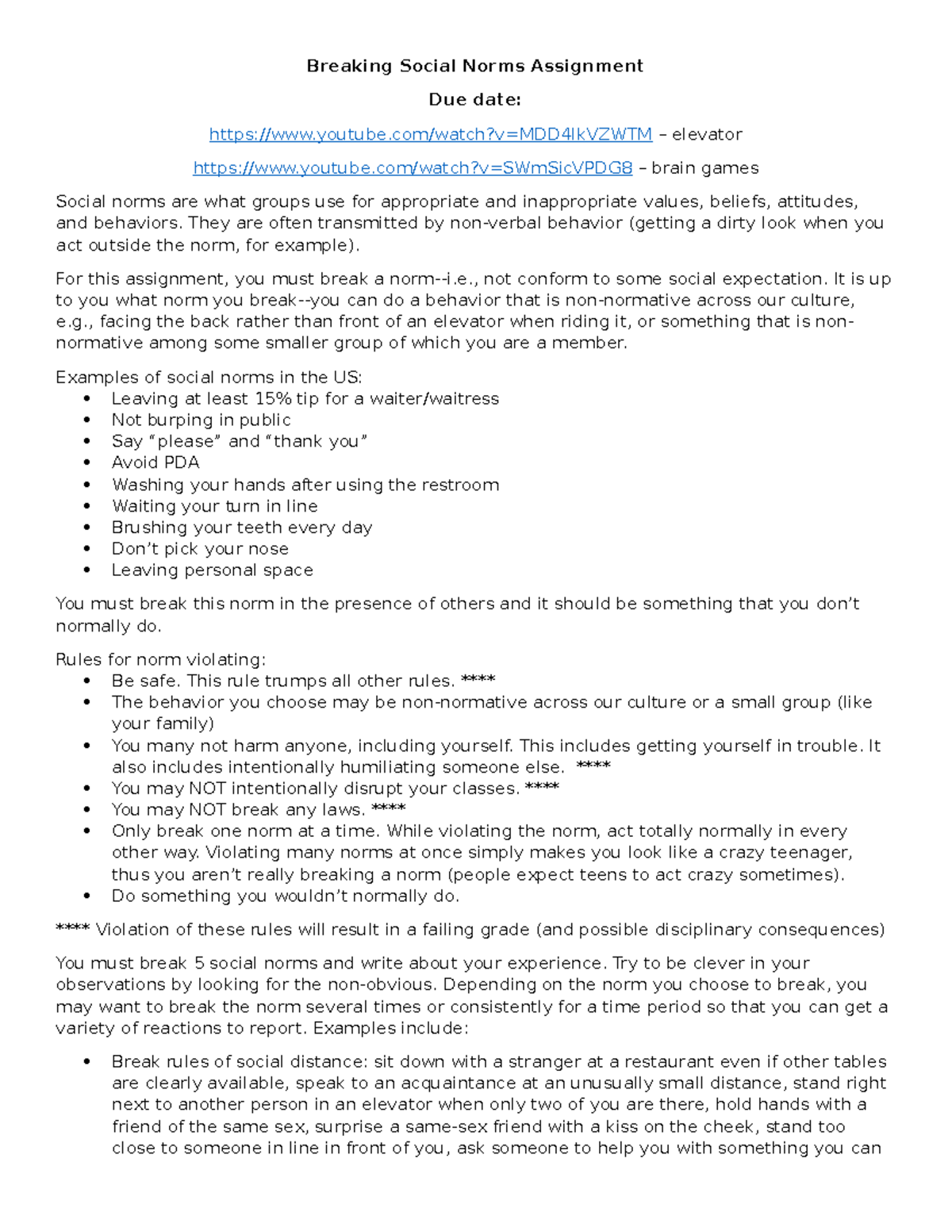 SOC 101: Breaking Social Norms Assignment Instructions and Guidelines ...