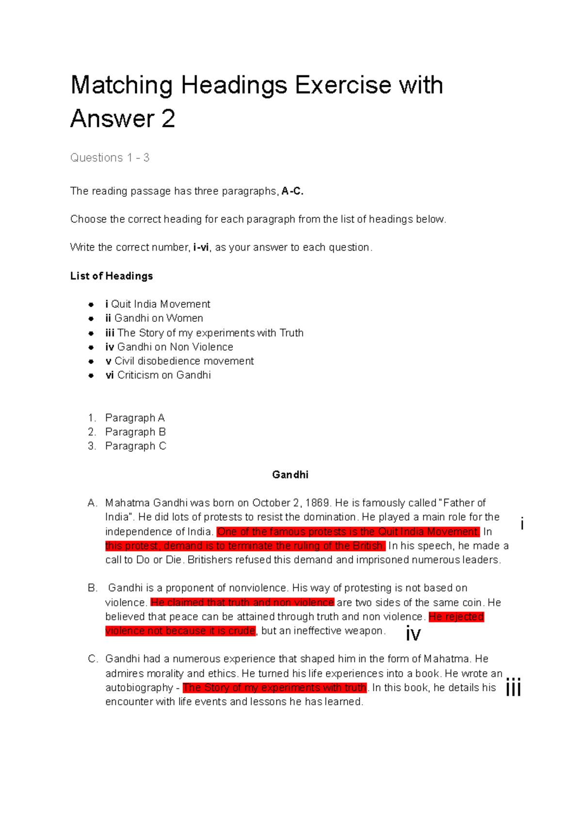 Matching Headings Exercise 2 - Choose the correct heading for each ...