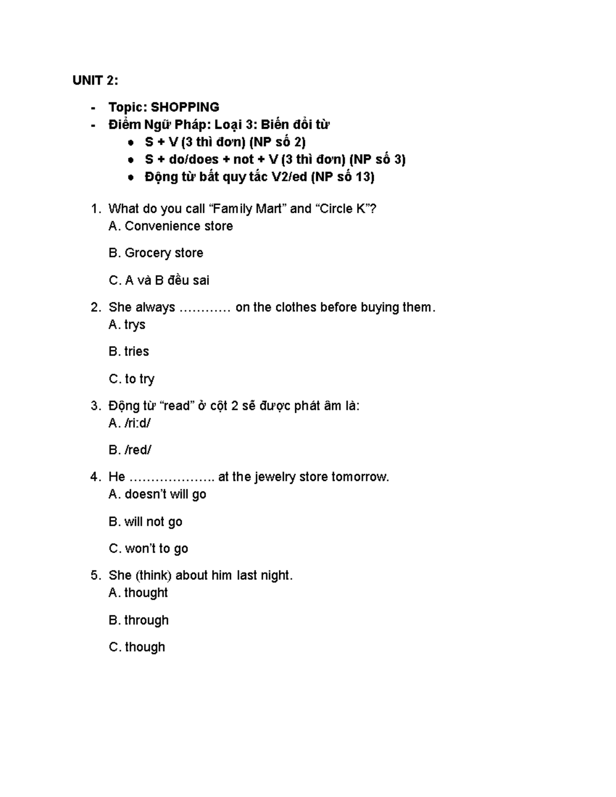 DC Reflex UNIT 2: Shopping Grammar & Verb Forms - Studocu